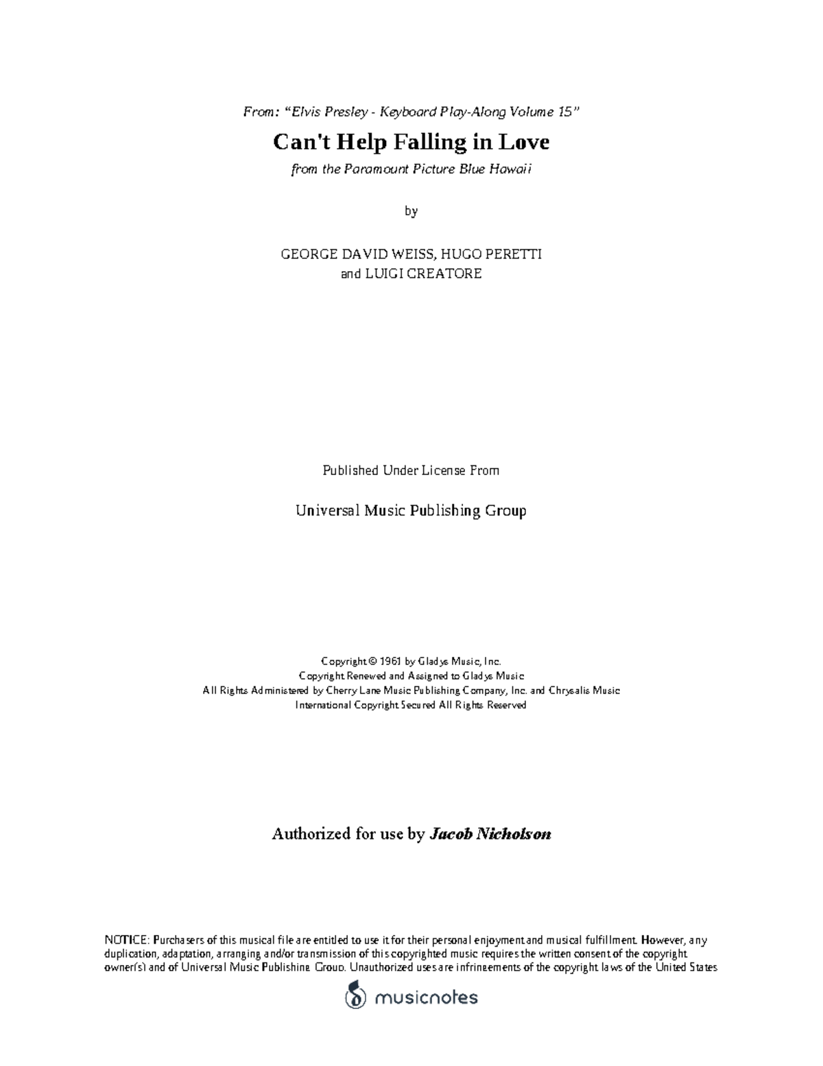 Can't Help Falling in Love - G Major - MN0105292 U5 - From: “Elvis ...