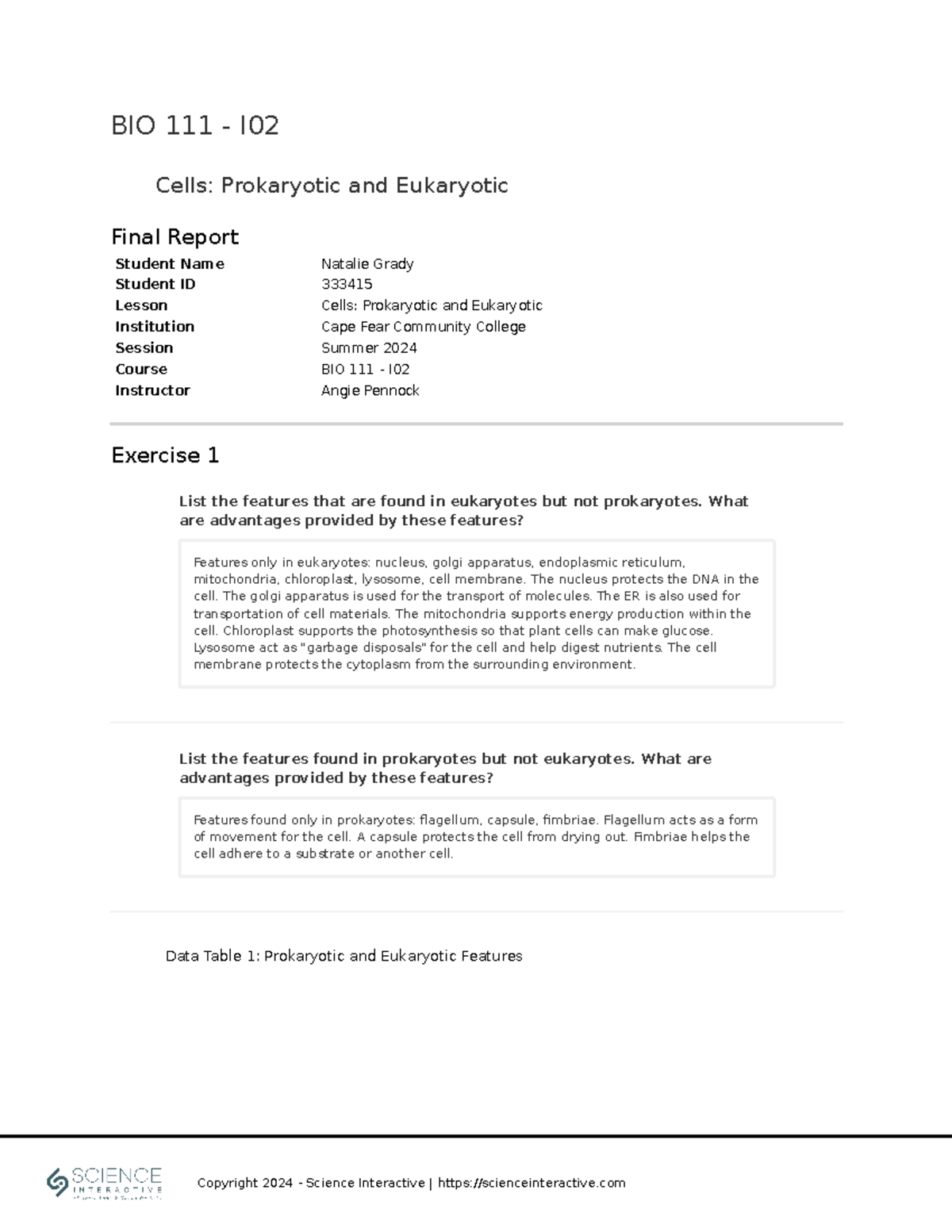 Lab 4: Cells: Prokaryotic and Eukaryotic - Student Name Natalie Grady ...