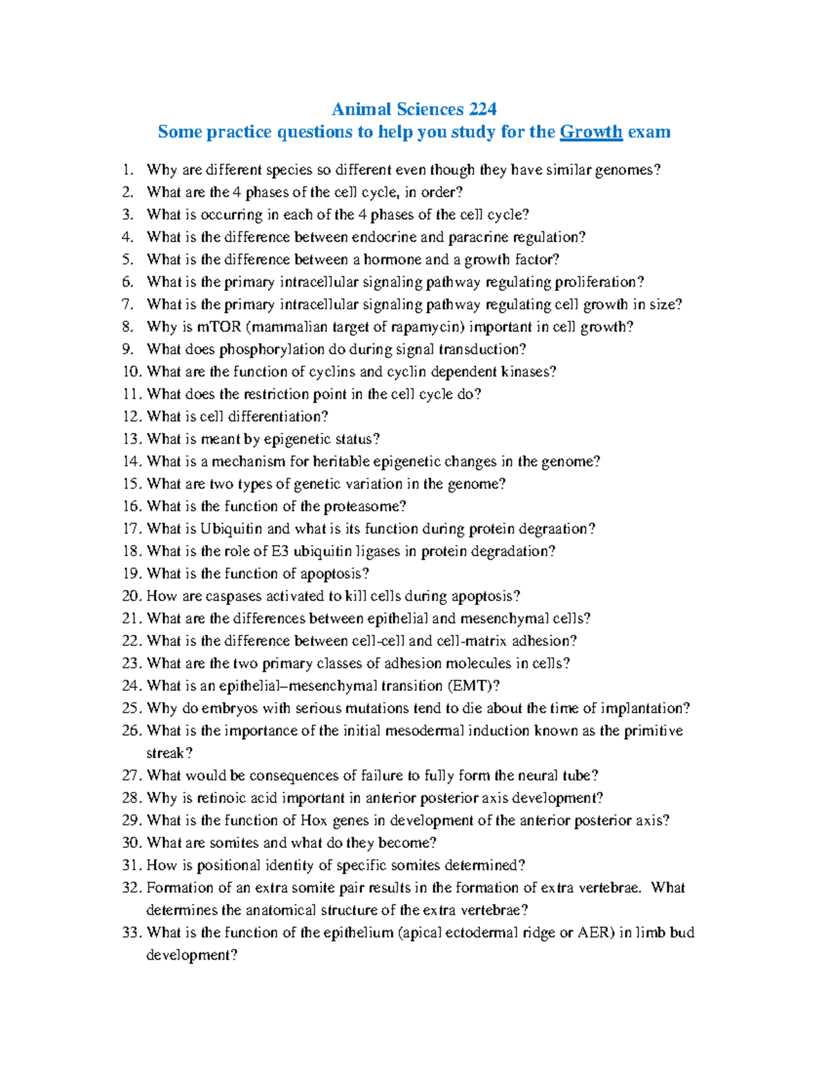 Practice questions for growth exam 2013 - Animal Sciences 224 Some ...