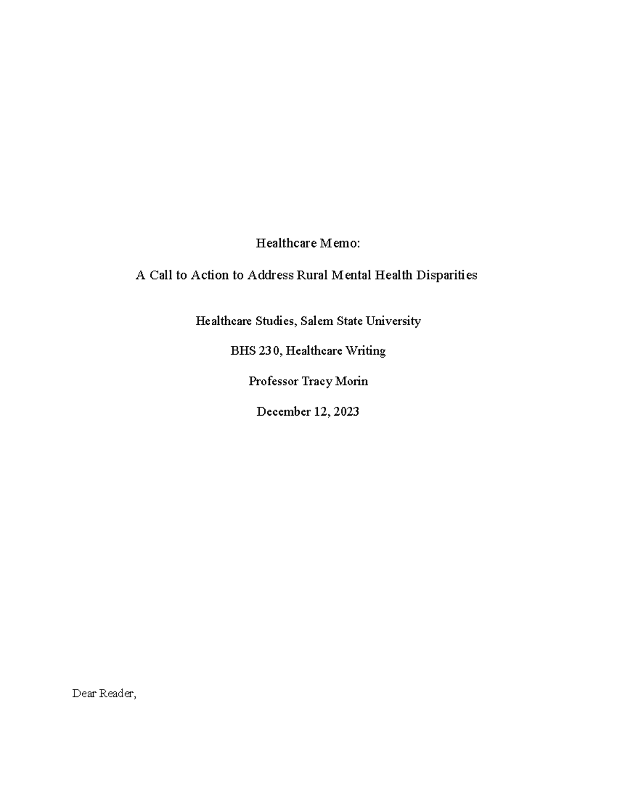 Healthcare Memo Final - A writing assignment u will have to do ...