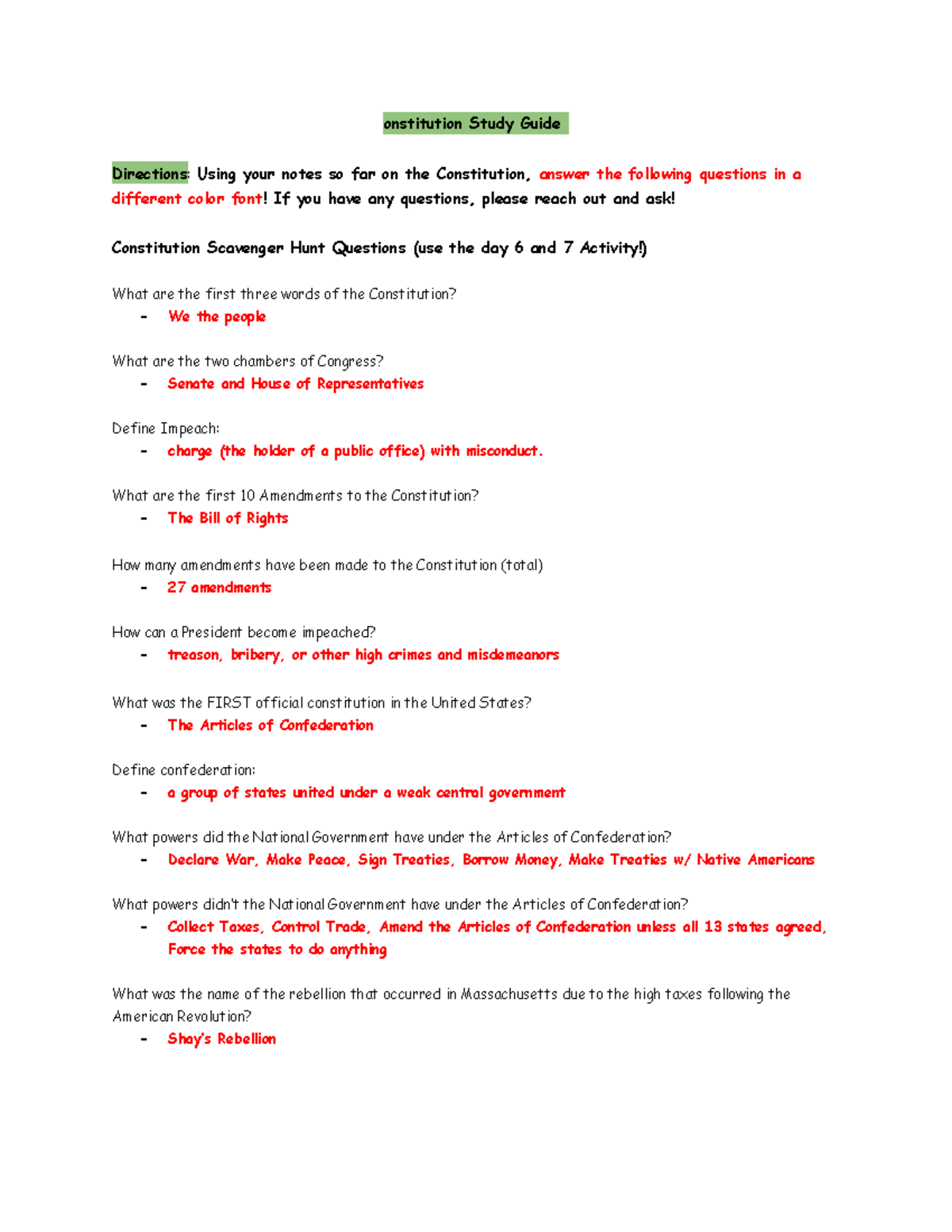 Day 15 Constitution Study Guide Key - onstitution Study Guide ...