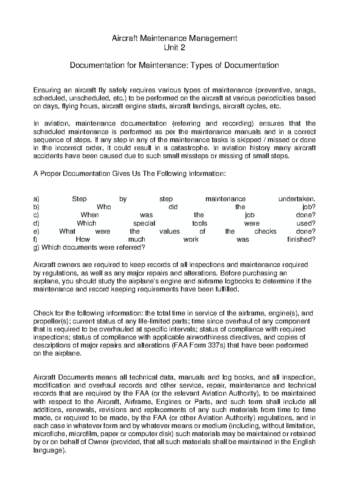 BBA III - UNIT 2 - Aircraft Maintenance Management - Aircraft ...