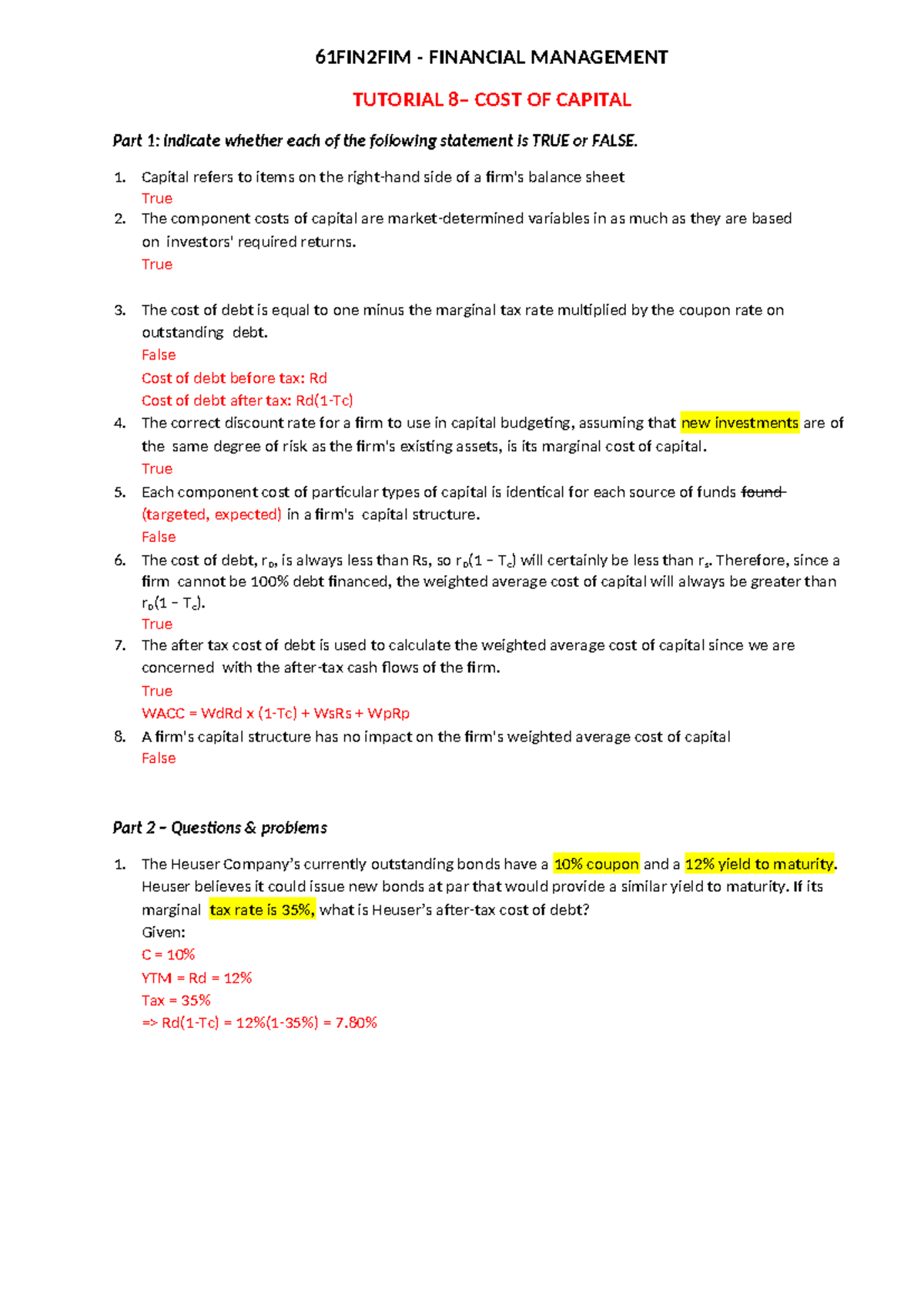 Tutorial 8 - FMA - 61FIN2FIM - FINANCIAL MANAGEMENT TUTORIAL 8– COST OF ...
