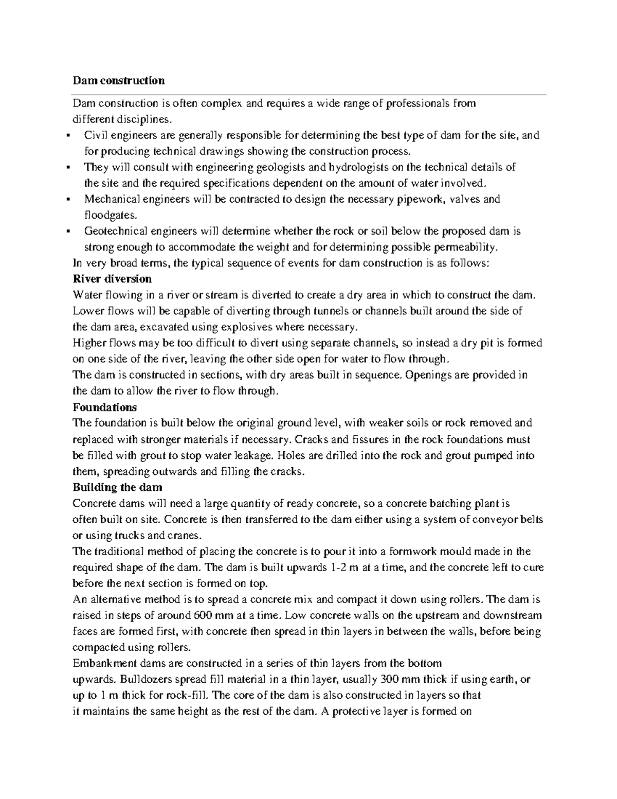 Dams - Summary notes - Dam construction Dam construction is often ...