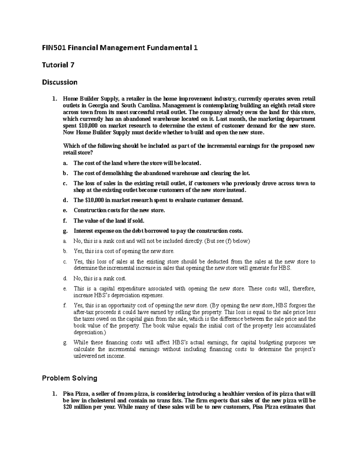 Tutorial 7 Solutions - FIN501 Financial Management Fundamental 1 Tutorial 7 Discussion Home ...