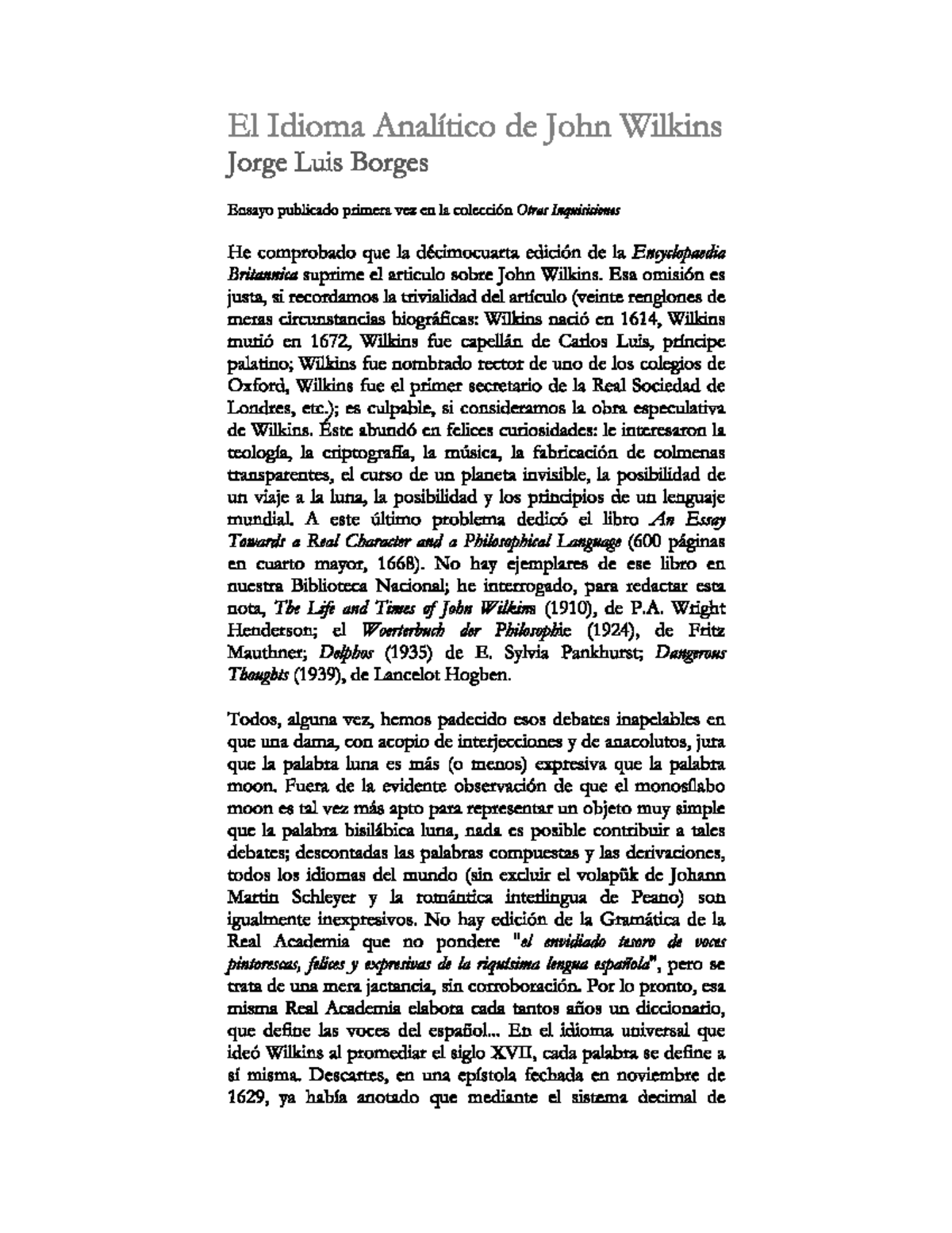 Borges IPC unidad 1 - arbitrariedad - El Idioma Analítico de John Wilkins Jorge Luis Borges ...