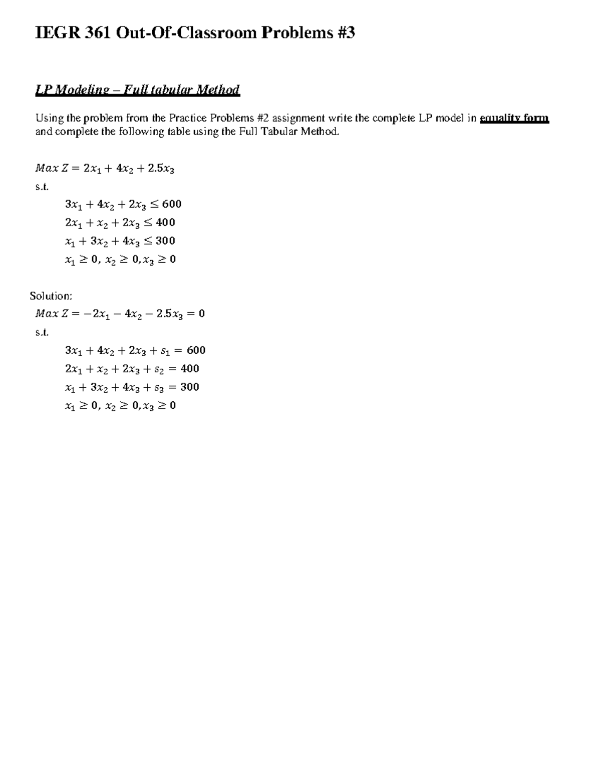 LP Modeling – Full tabular Method - IEGR 361 Out-Of-Classroom Problems ...