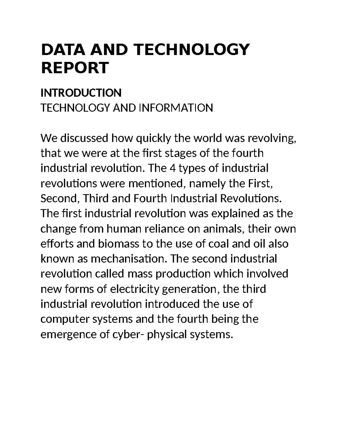 DATA AND Technology Report - DATA AND TECHNOLOGY REPORT INTRODUCTION ...