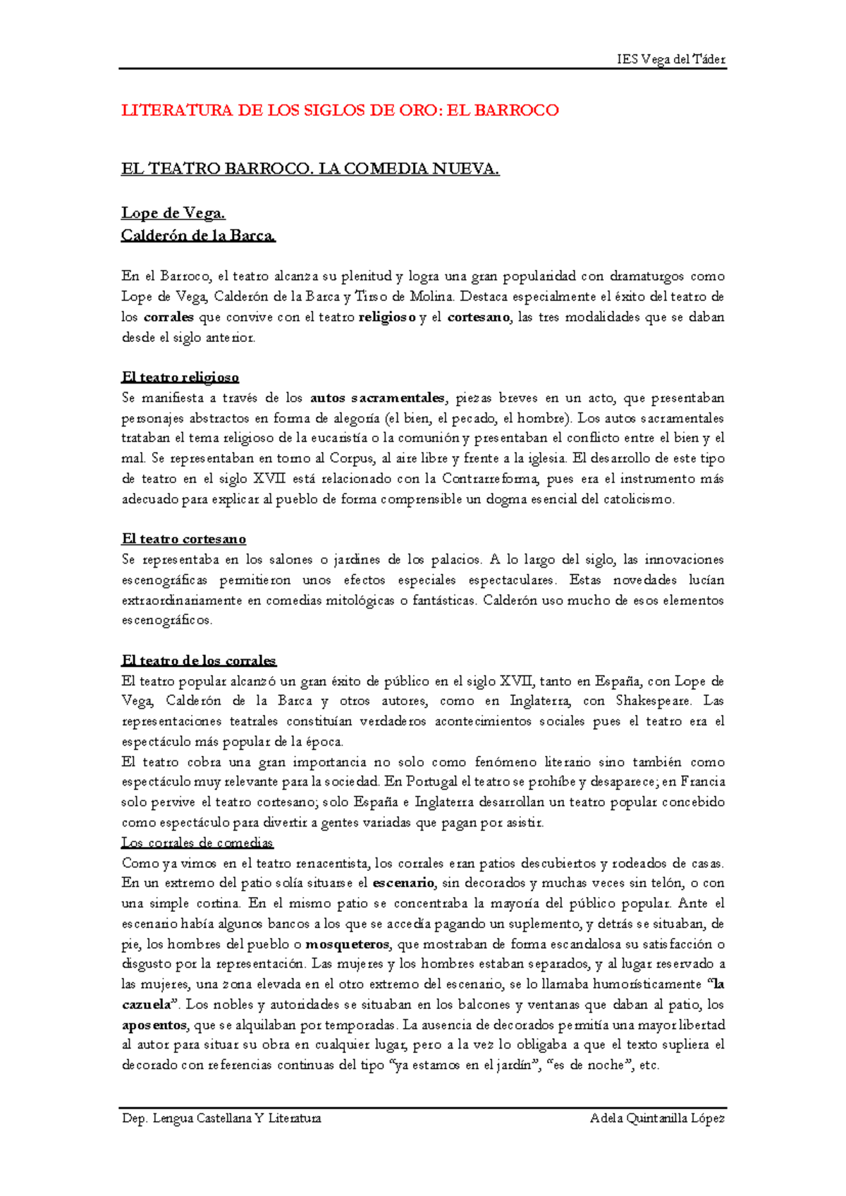 EL Teatro Barroco - LITERATURA DE LOS SIGLOS DE ORO: EL BARROCO EL TEATRO BARROCO. LA COMEDIA ...