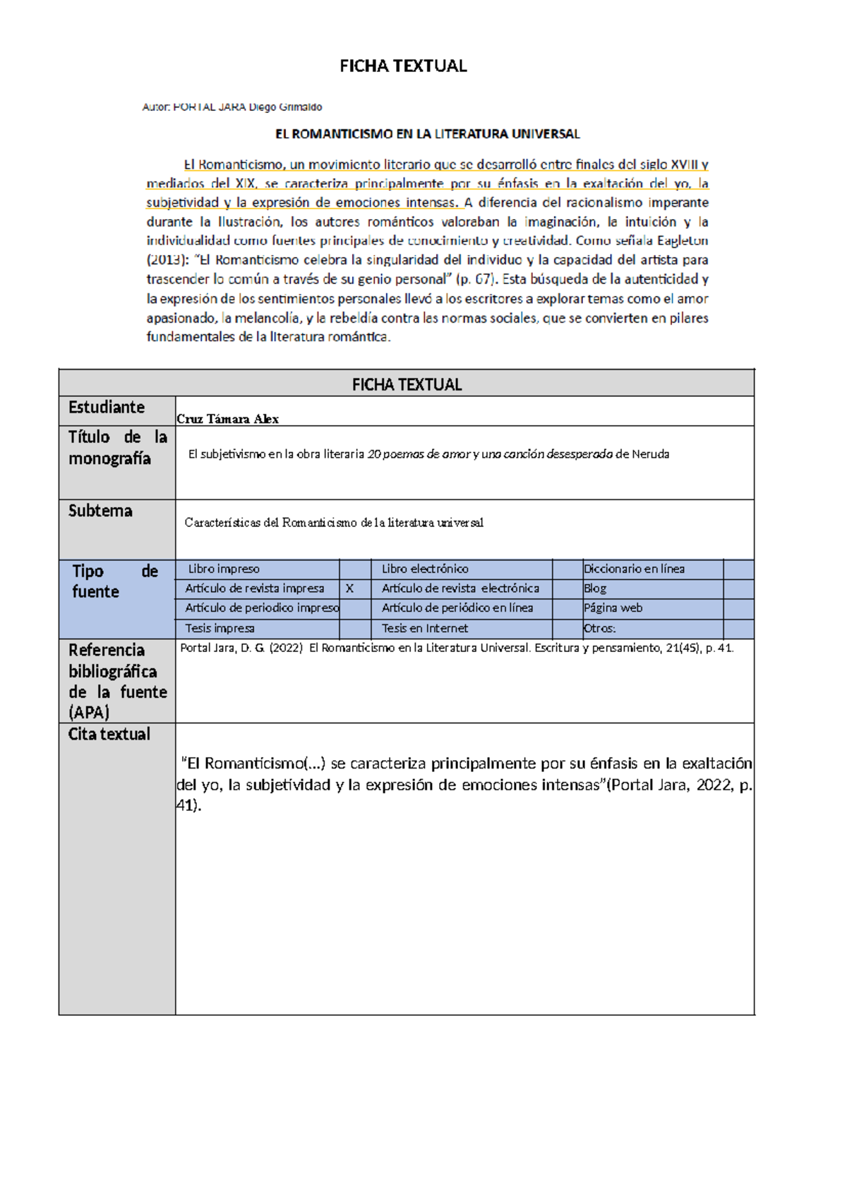 Ficha Textual Modelo - FICHA TEXTUAL FICHA TEXTUAL Estudiante Cruz ...