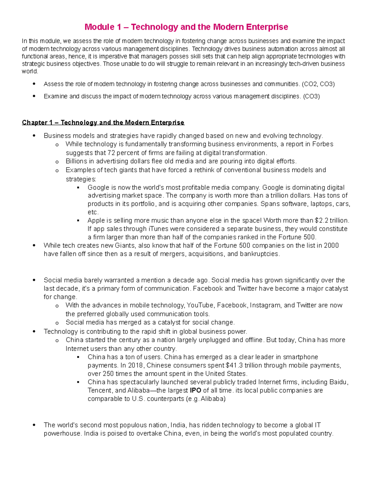 Information Technology for Managers Notes - Module 1 – Technology and ...