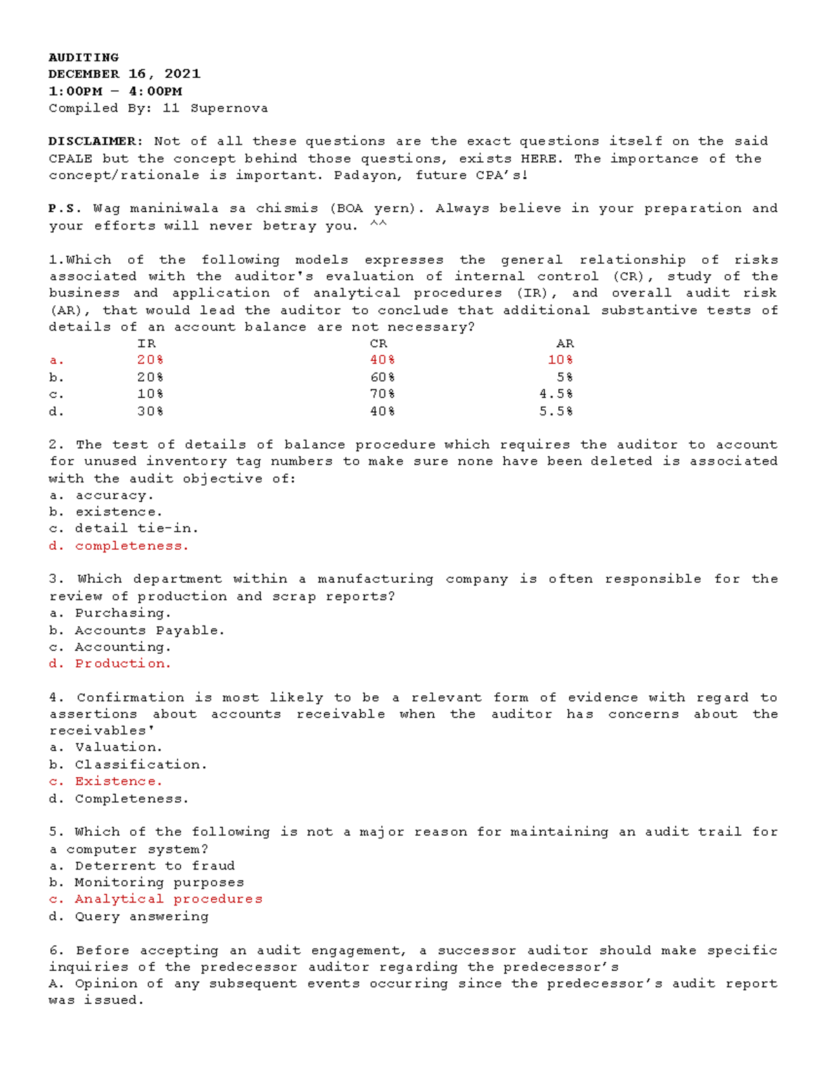 AUD 2021 - practice materials - AUDITING DECEMBER 16 , 2021 1:00PM – 4 ...