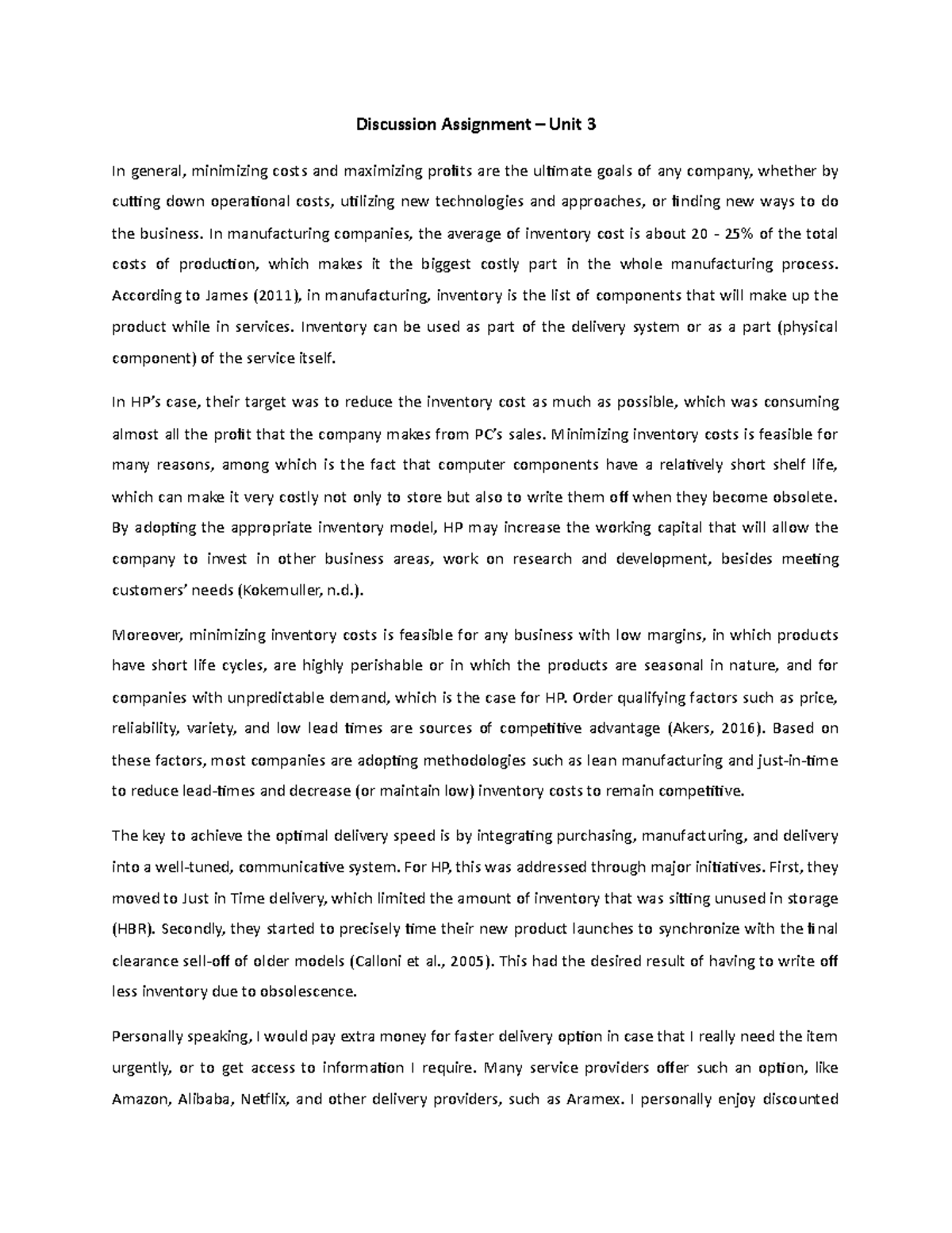 Discussion Assignment - Unit 3 Operations Management - Discussion ...
