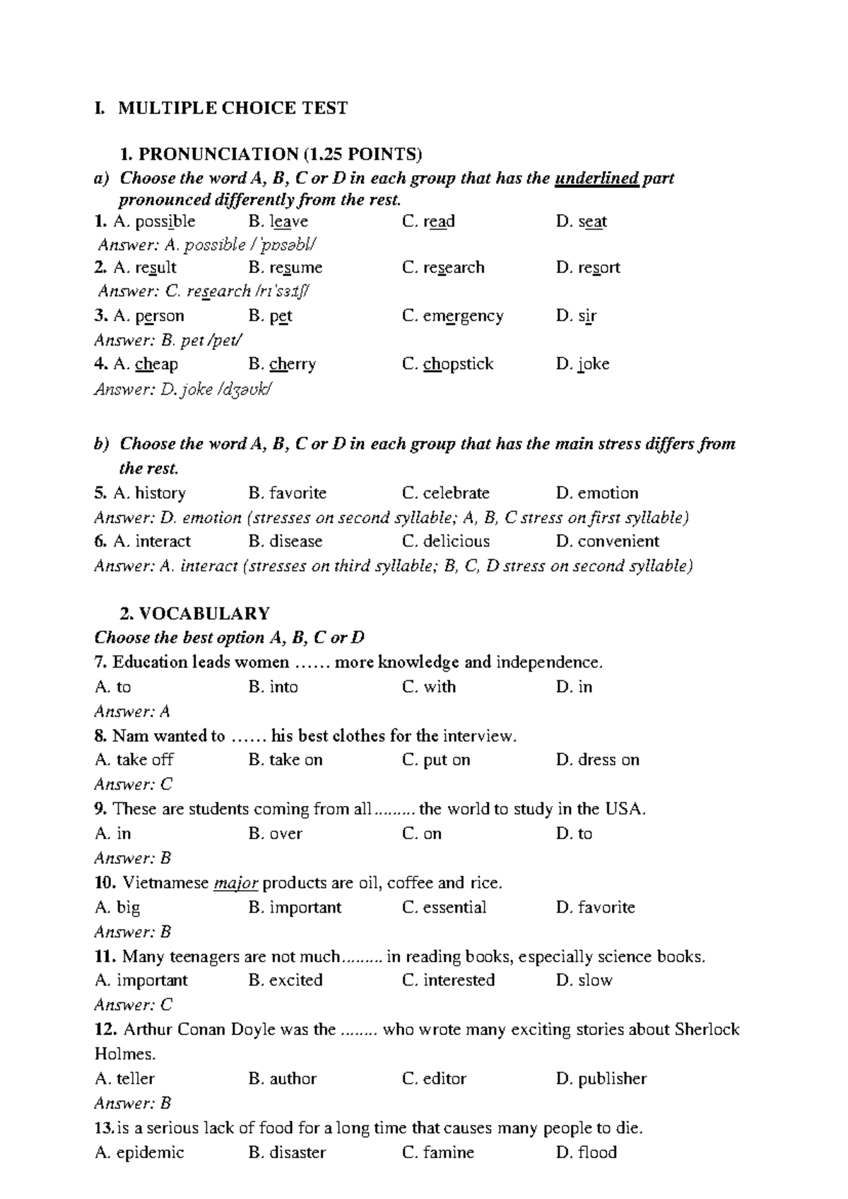 TEST Design - sưcqwq - I. MULTIPLE CHOICE TEST 1. PRONUNCIATION (1 ...