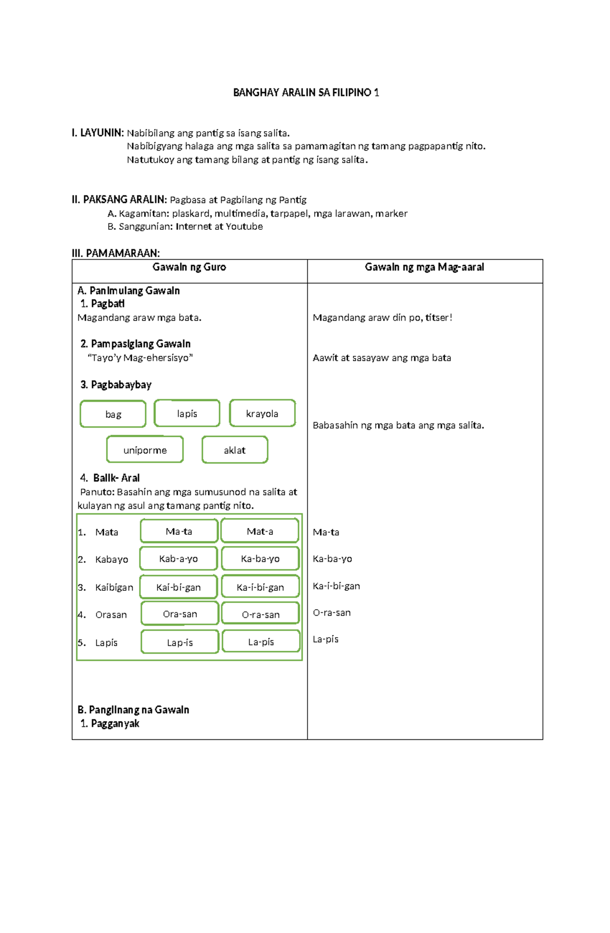 LP ( Filipino) - BANGHAY ARALIN SA FILIPINO 1 I. LAYUNIN: Nabibilang ...