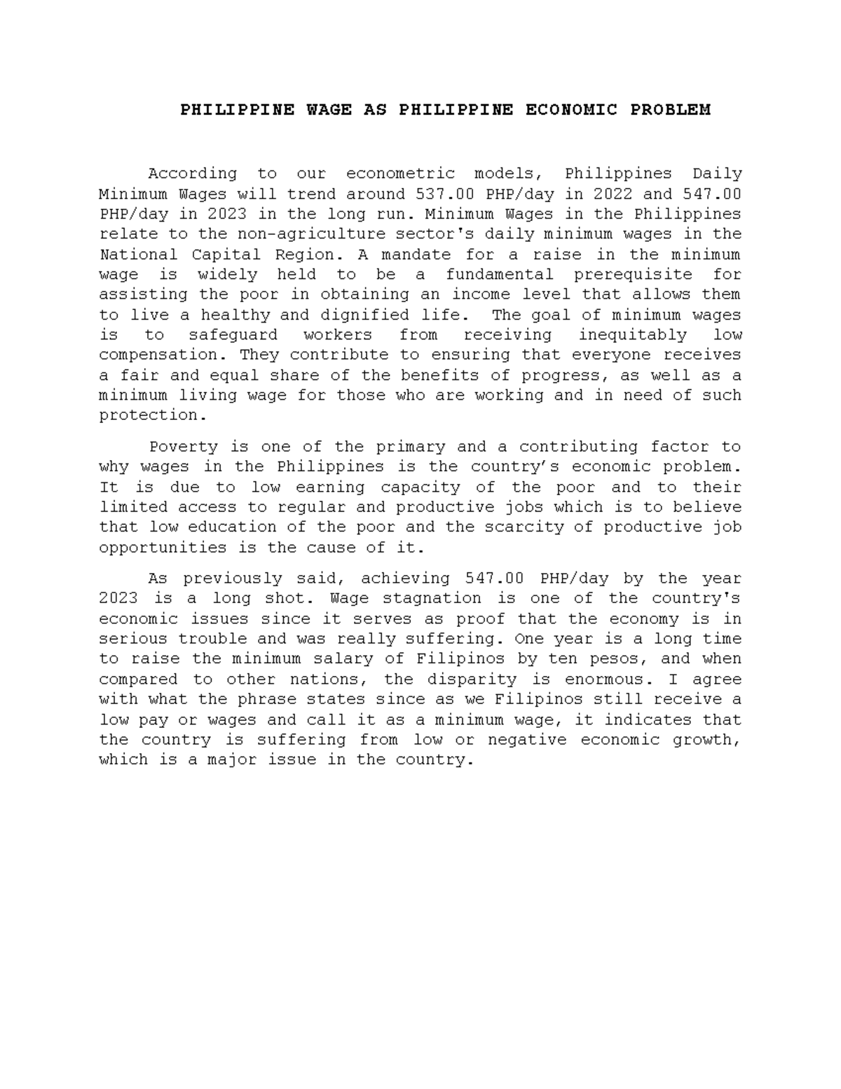 Philippine WAGE AS Philippine Economic Problem - PHILIPPINE WAGE AS ...