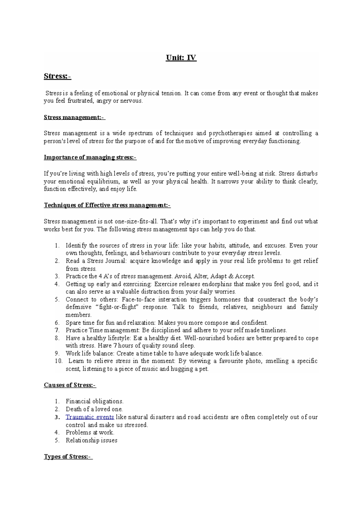 4th unit - THESE ARE THE NOTES - Unit: IV Stress:- Stress is a feeling ...