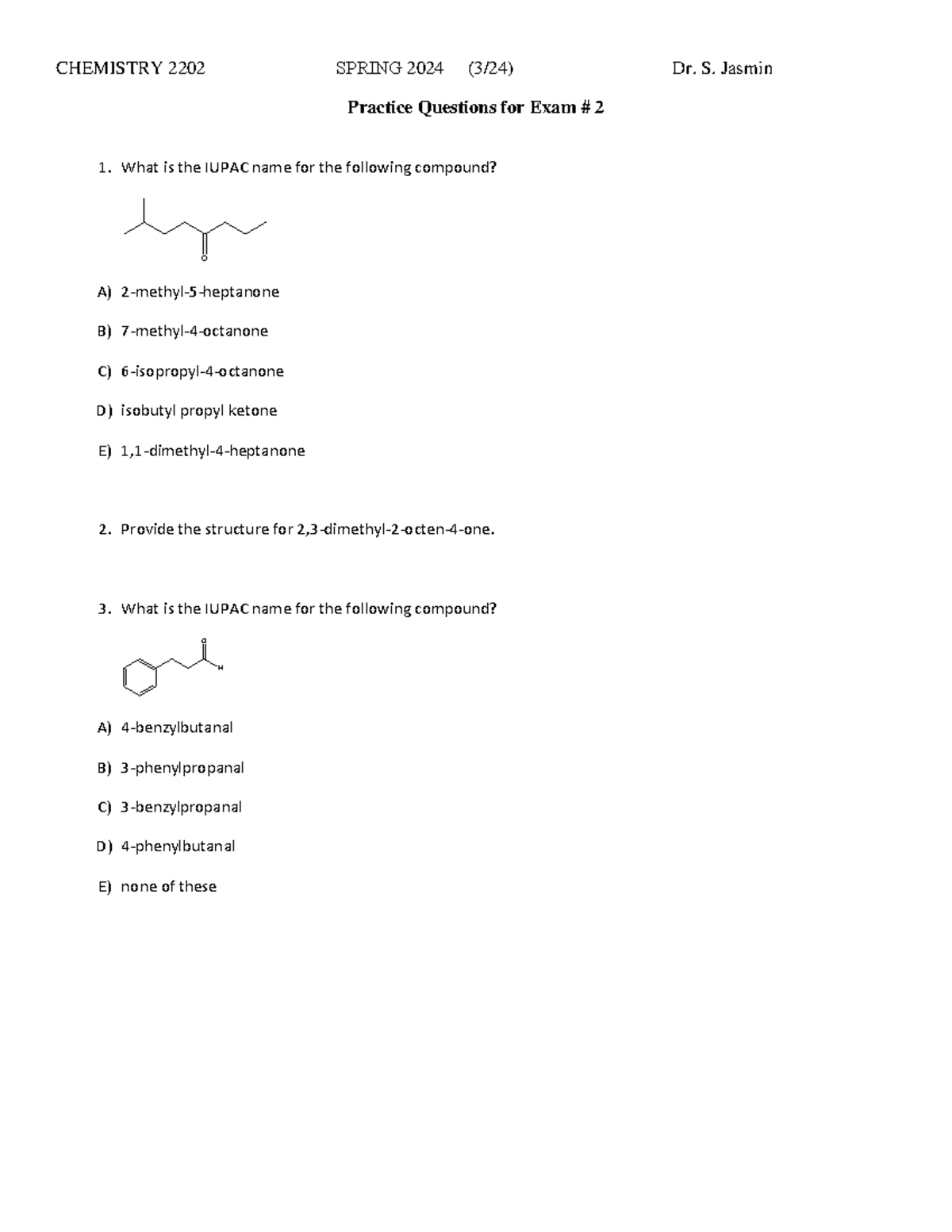 CHEM 2202 Spring 2024 Practice Questions for EXAM #2 - CHEMISTRY 2202 ...