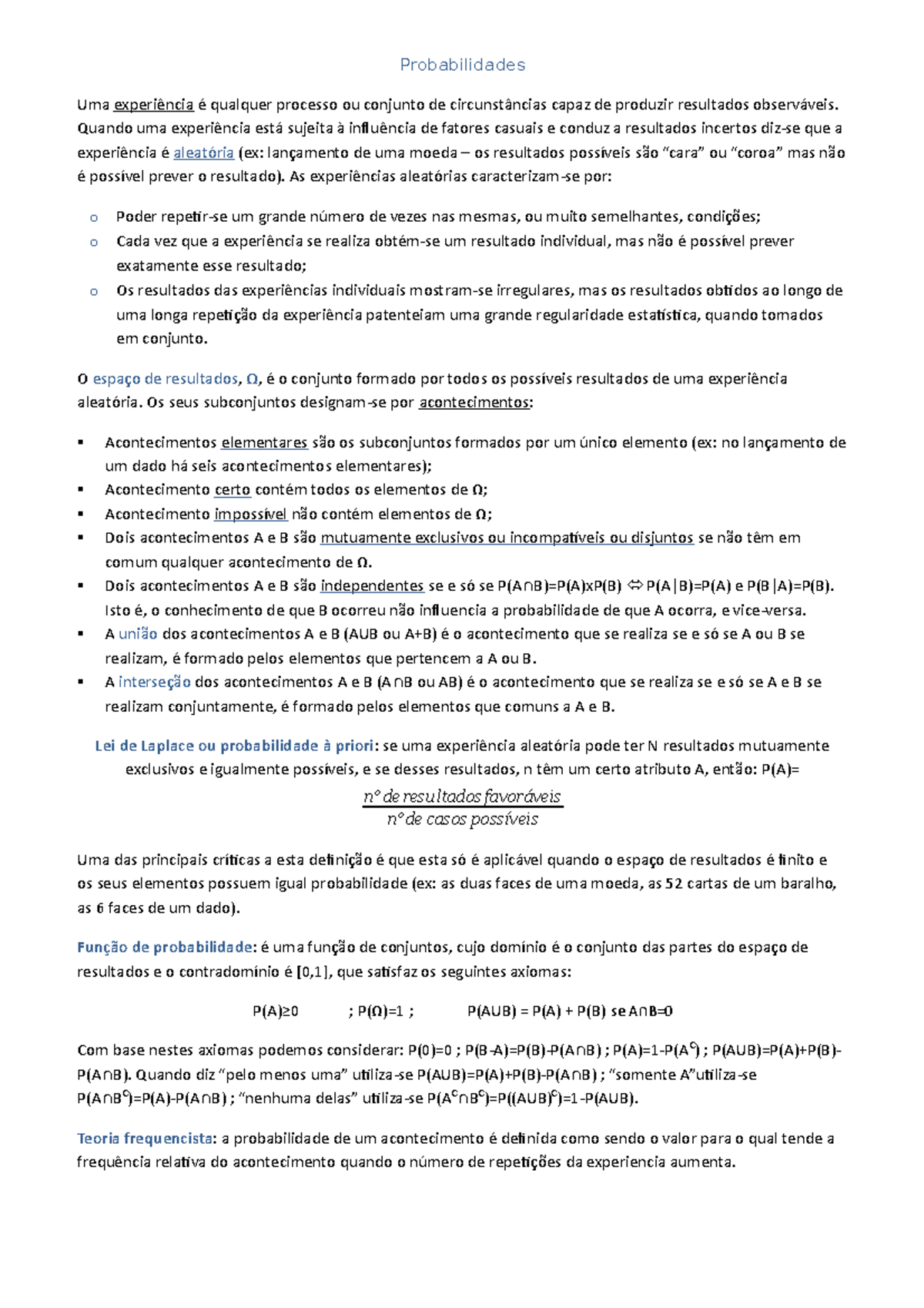 Probabilidades - Resumos de probabilidade. - Probabilidades Uma ...