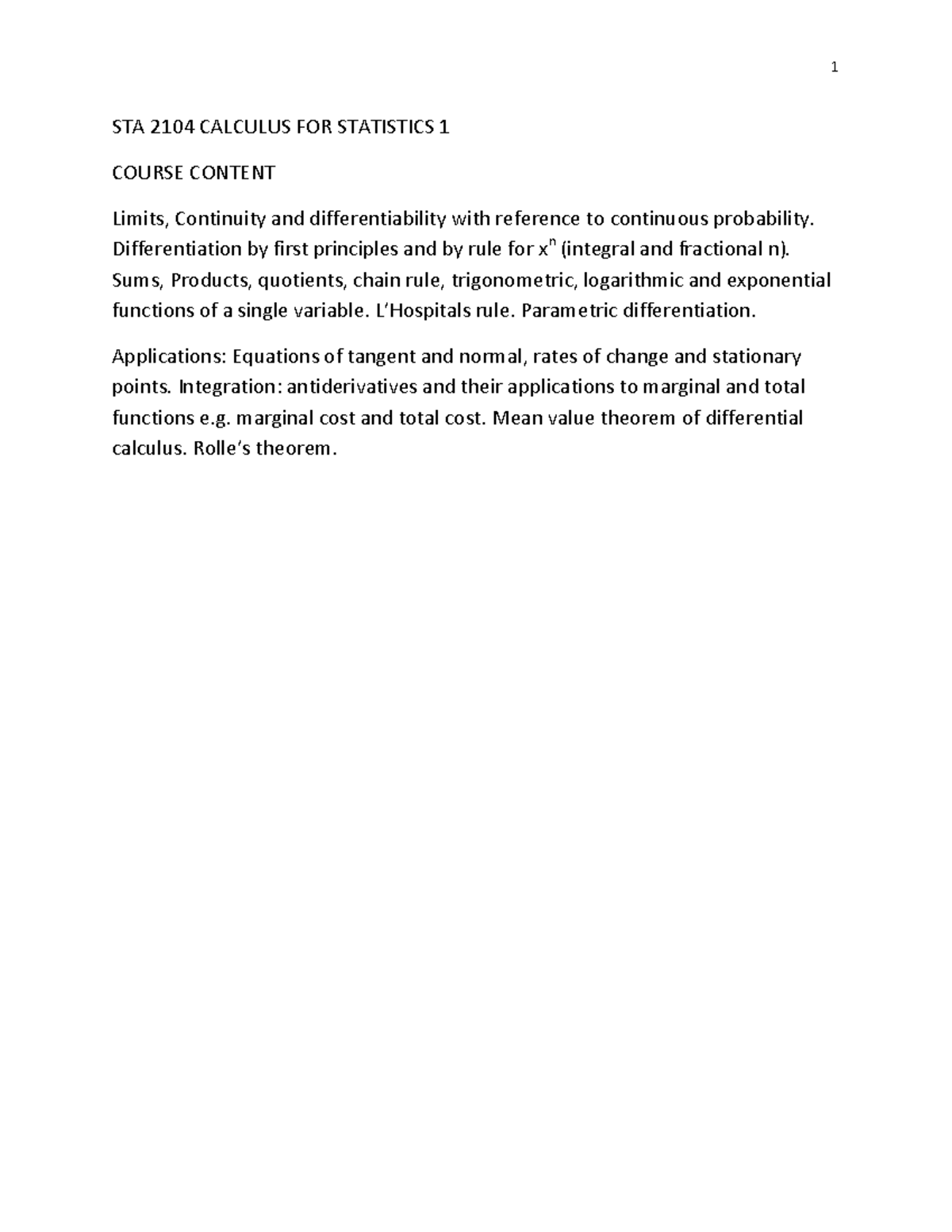 Main Notes ON STA 2104 Calculus FOR Statistics 1 - STA 2104 CALCULUS ...