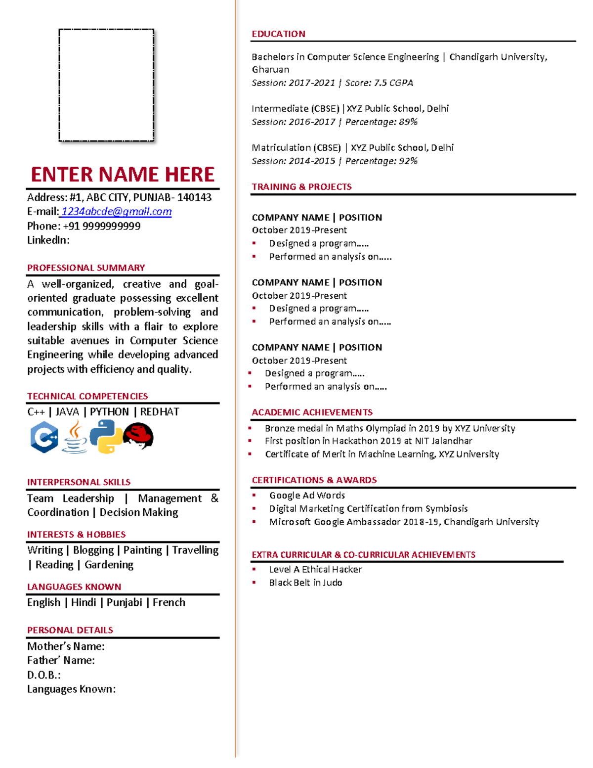Sample Resume Format BE - EDUCATION Bachelors in Computer Science ...
