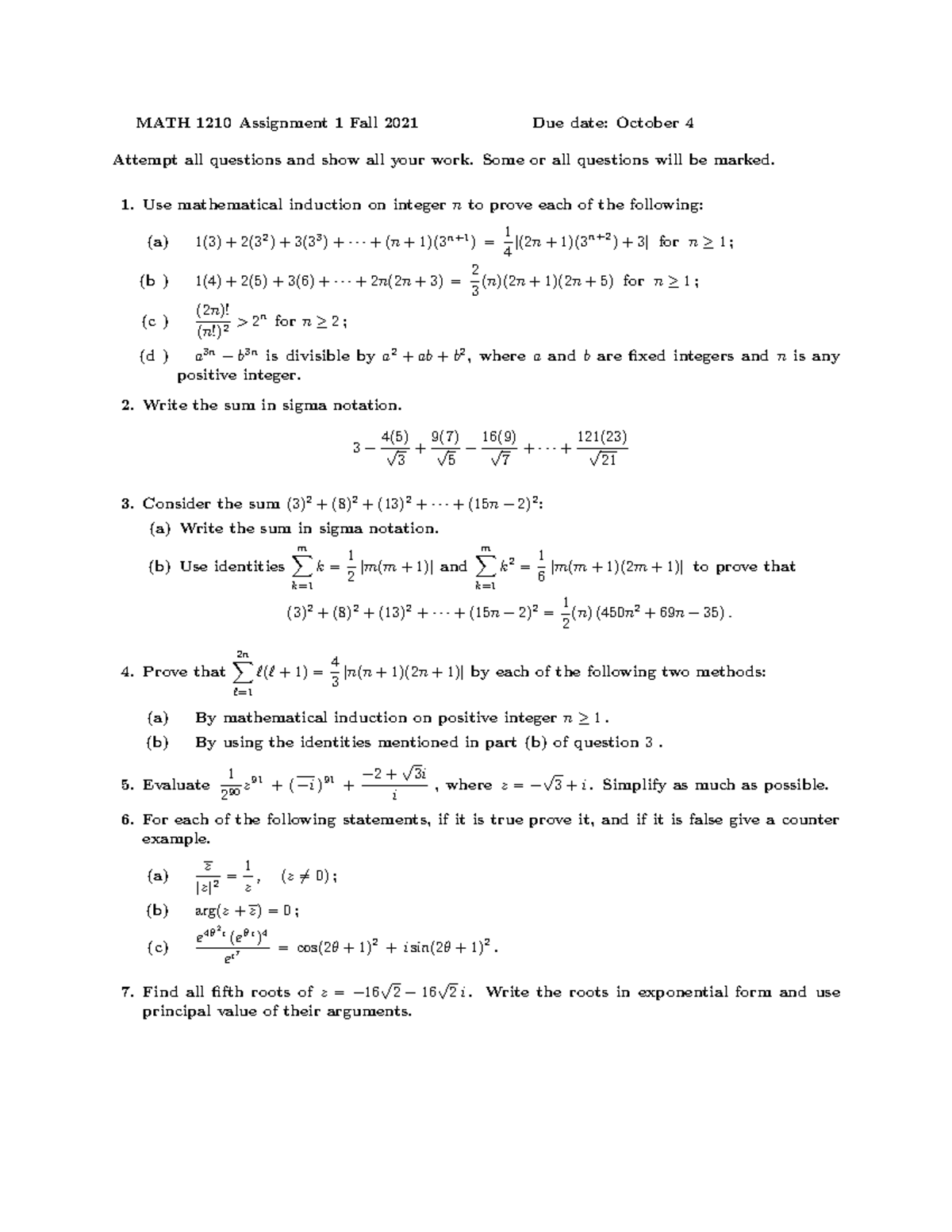Assignment1 for (Math1210Fall2021) - MATH 1210 Assignment 1 Fall 2021 Due date: October 4 ...