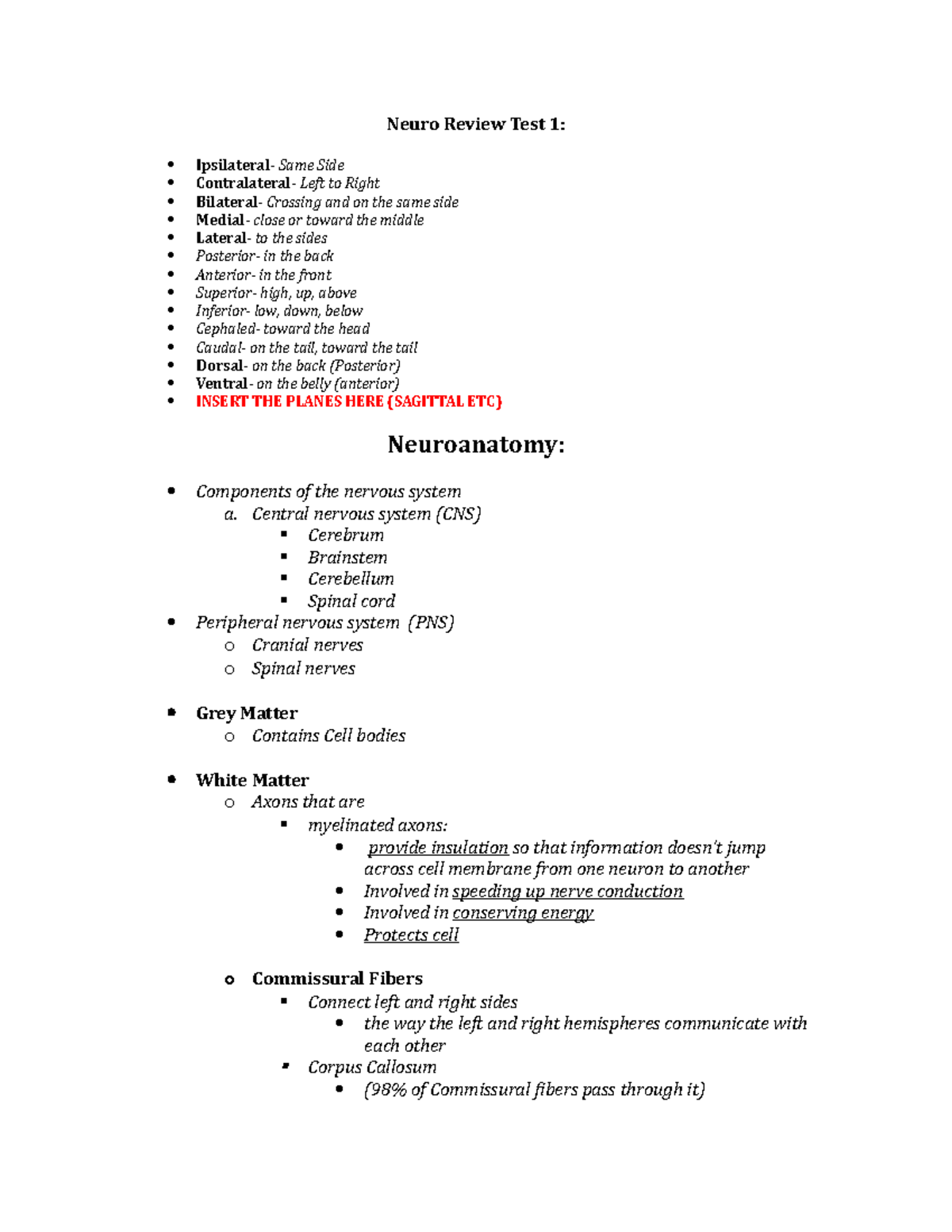 Neuro Review Test 1 - Lecture and book notes combined and organized for ...