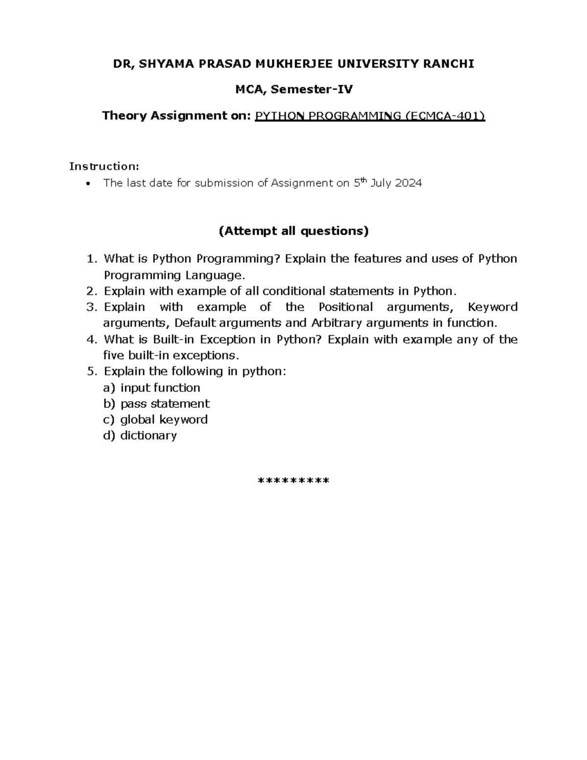 Theory Assignment Of Python Programming Dr Shyama Prasad Mukherjee University Ranchi Mca