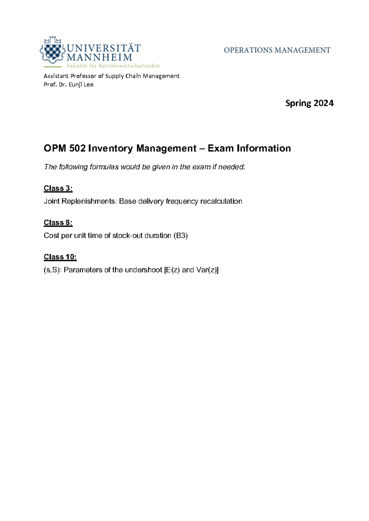 Exam Formulas - Exam formula - Inventory Management - Assistant ...