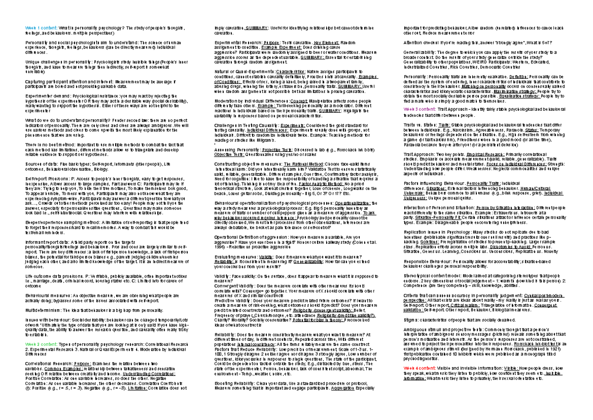 Cheat sheet - Summary Personality - Week 1 content: What is personality ...