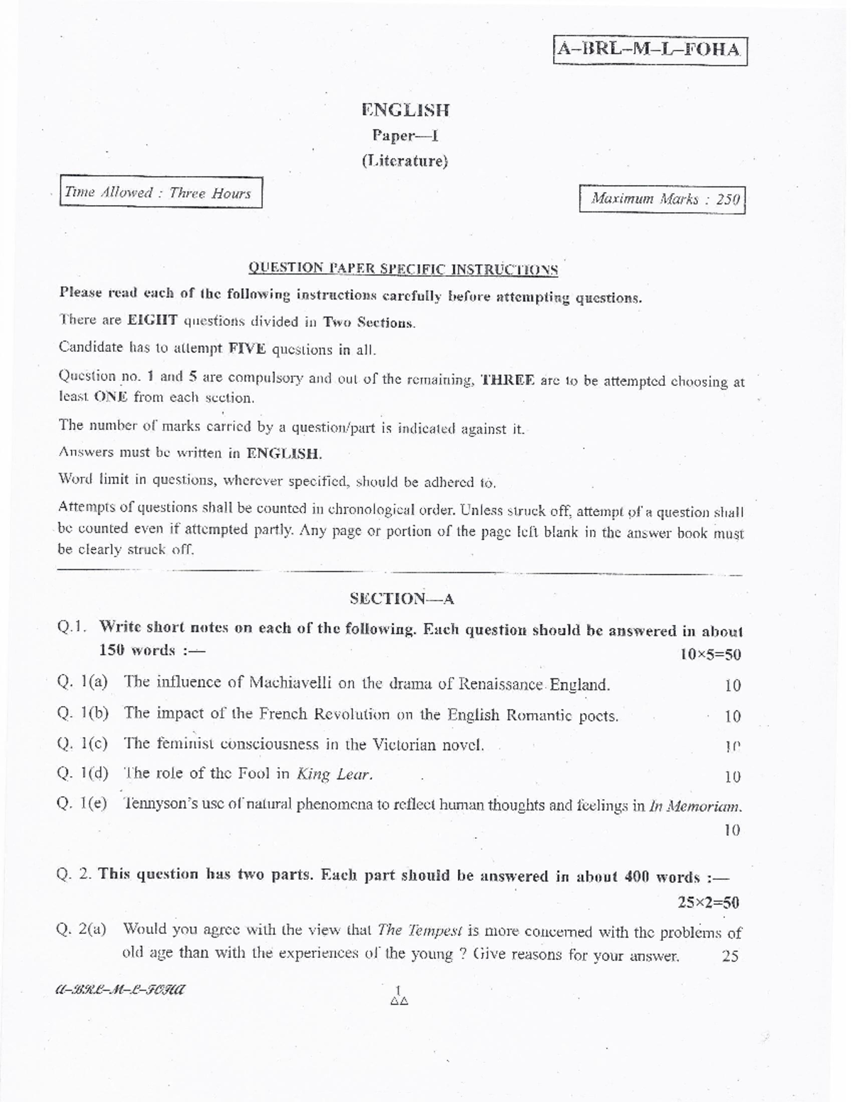 AMU English practice paper - ENGLISH (Literature) Time Allowed : Three Hours Maximum Marks : 250 ...