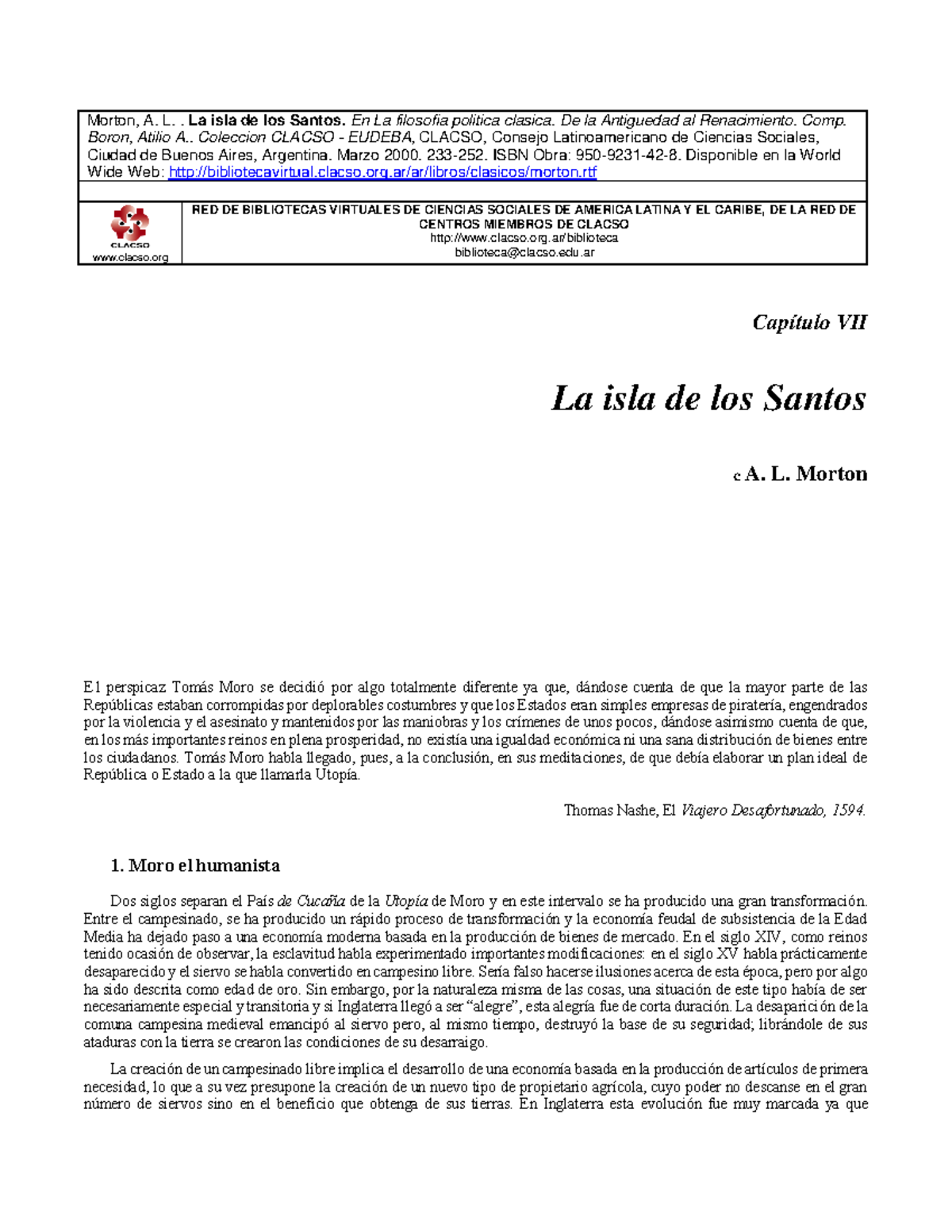 La Isla de los Santos - Morton, A. L.. La isla de los Santos. En La ...