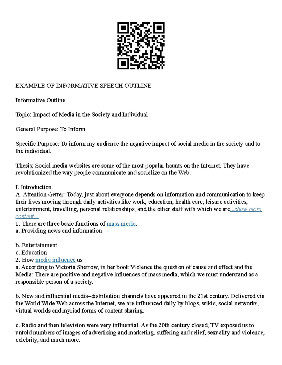 Essay Outline Samples - EXAMPLE OF INFORMATIVE SPEECH OUTLINE ...