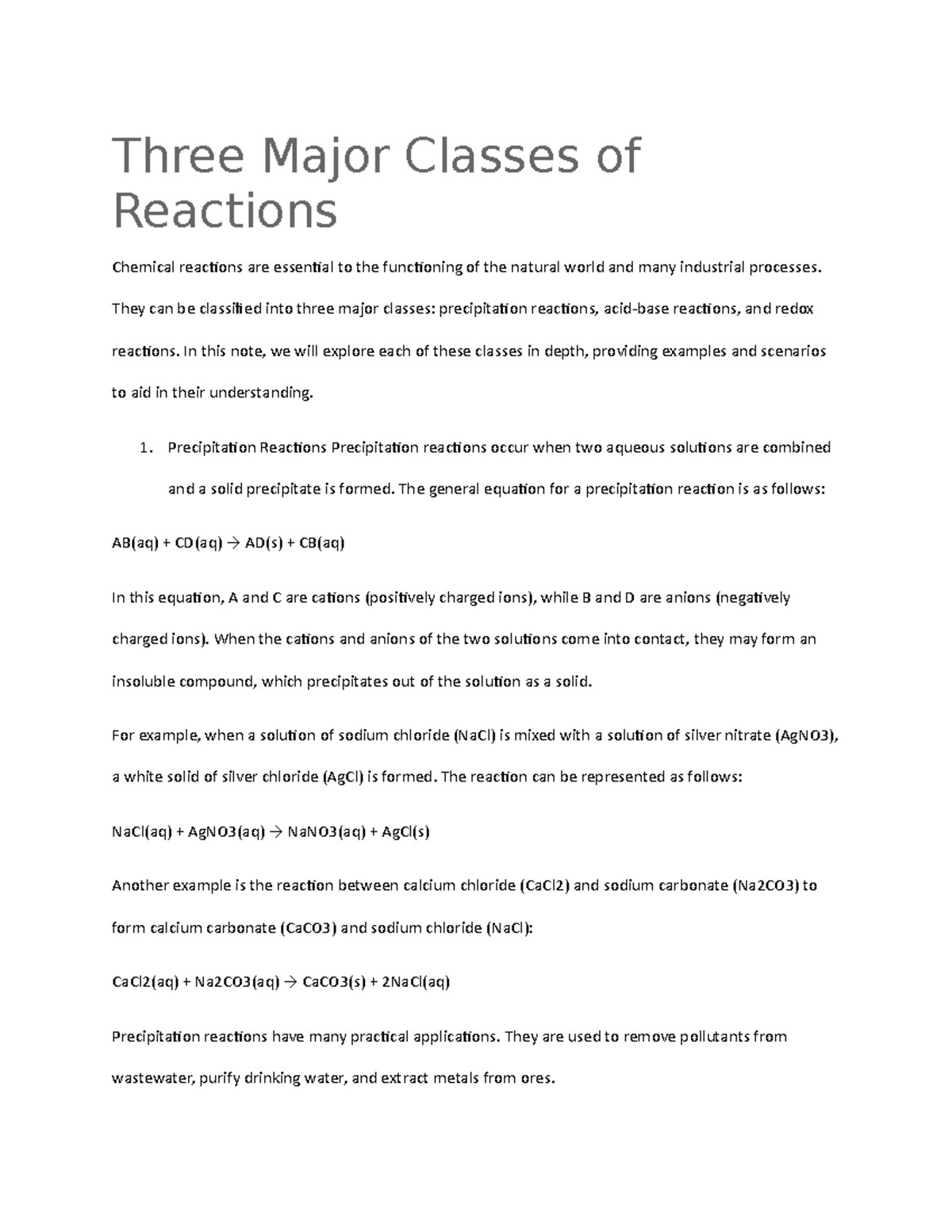 Three Major Classes of Reactions - Three Major Classes of Reactions ...