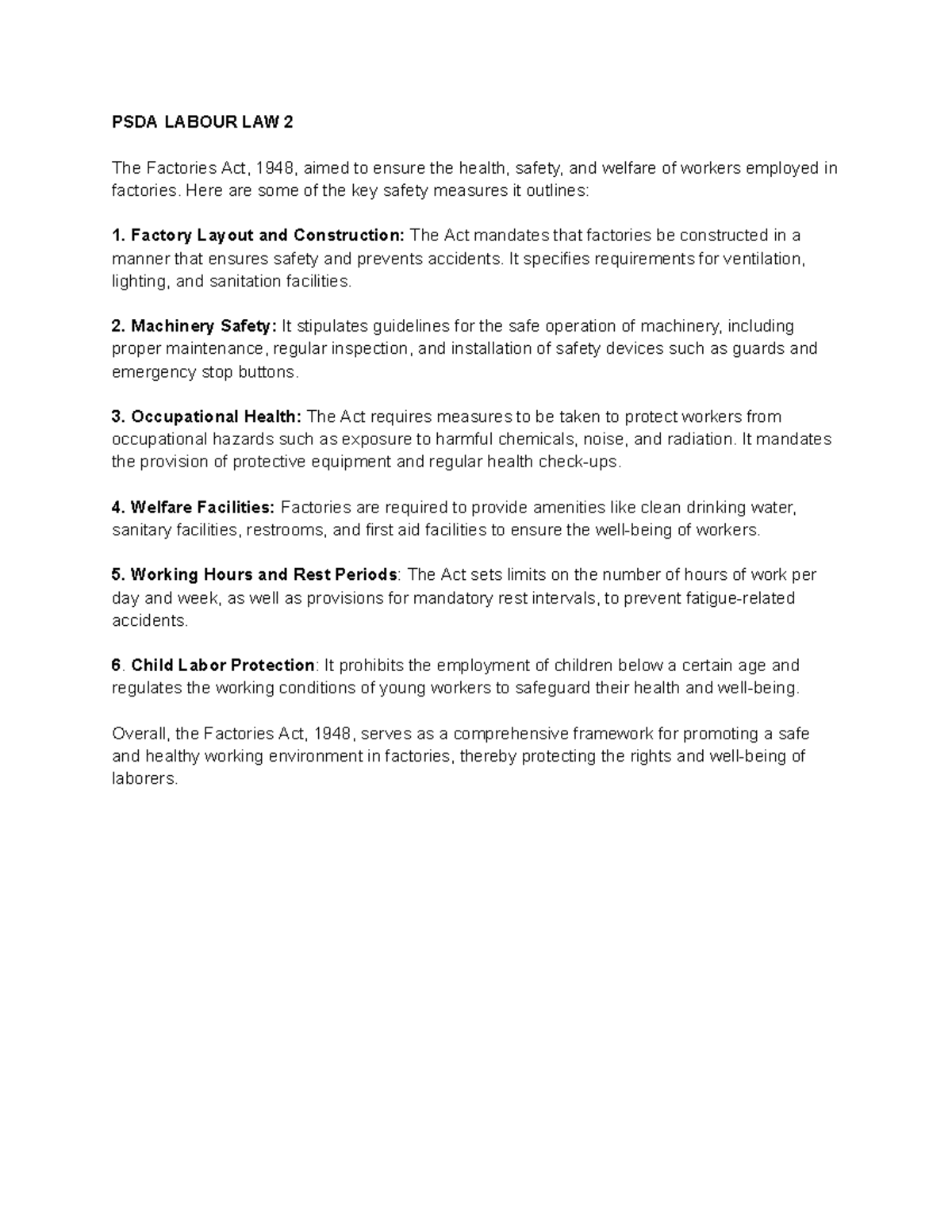 Labour Law 2 PSDA - Notes - PSDA LABOUR LAW 2 The Factories Act, 1948 ...