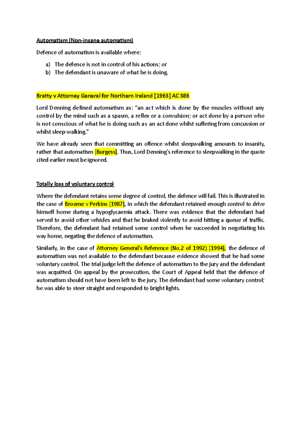 Automatism - Grade: A - Automatism (Non-insane automatism) Defence of ...