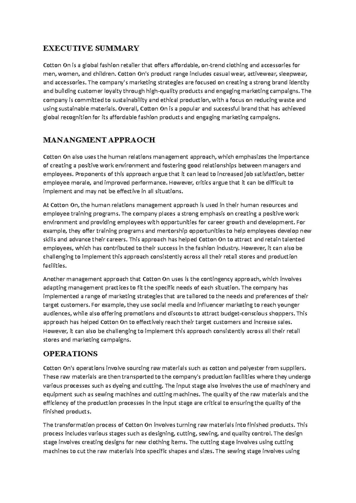 Doc1-1 - qeggwgwgw - EXECUTIVE SUMMARY Cotton On is a global fashion ...