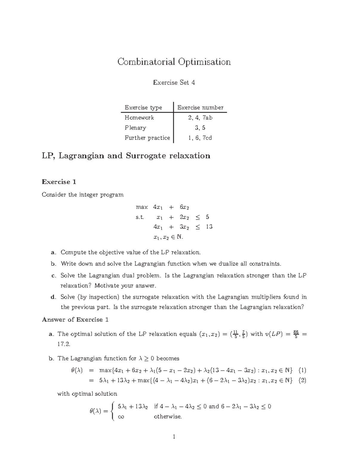Exercise Set 4 qst and sol - Combinatorial Optimisation Exercise Set 4 Exercise number Exercise ...