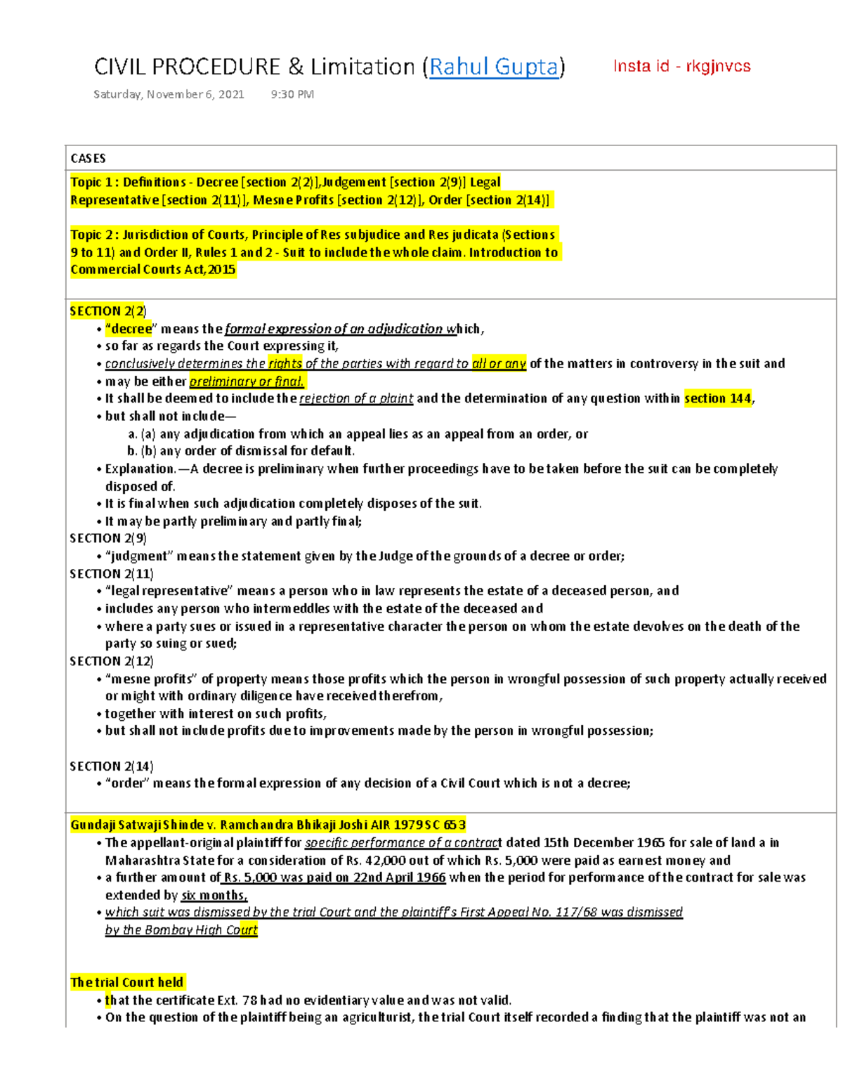 CPC & Limitation case notes - Rahul - ^ ^ dŽƉŝĐ ϭ ͗ ĞĨŝŶŝƚŝŽŶƐ Ͳ - Studocu