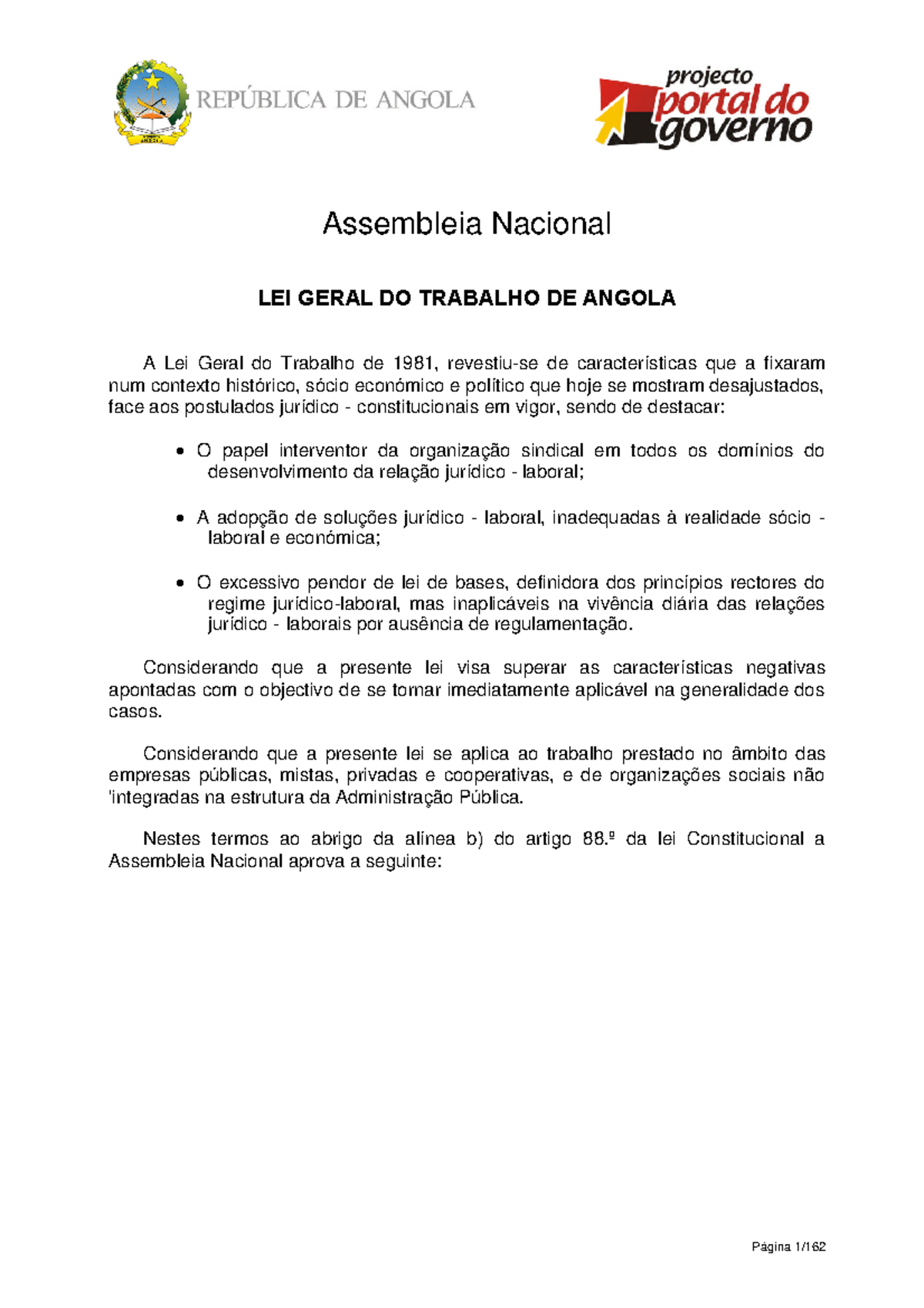 Angola lei geral trabalho - Assembleia Nacional LEI GERAL DO TRABALHO ...