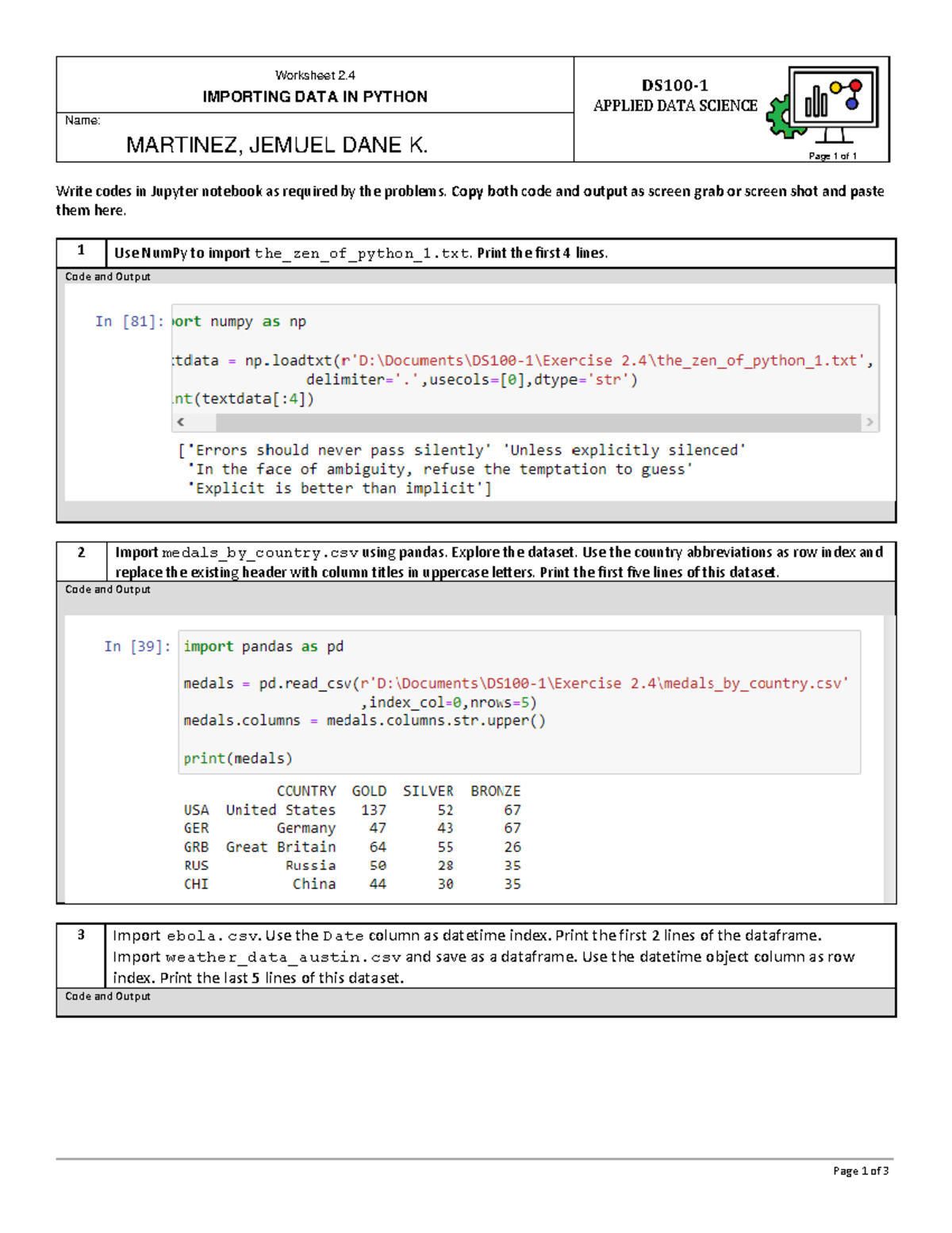 DS100-1 WS 2.4 Martinez, JDK - Page 1 of 3 Worksheet 2. IMPORTING DATA IN PYTHON DS100- APPLIED ...