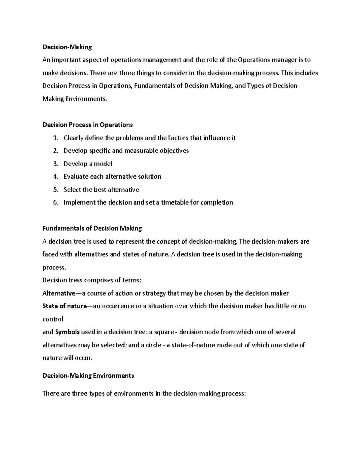 Decision Making - Decision-Making An important aspect of operations ...