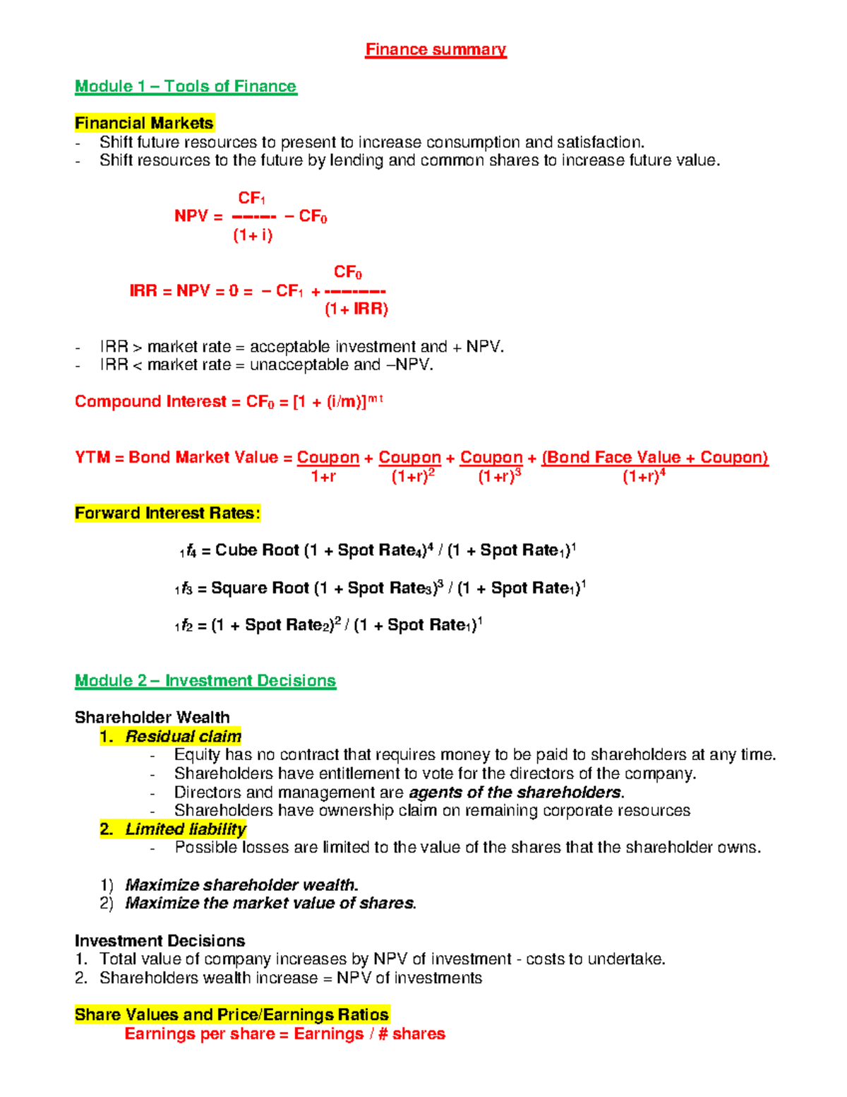Finance Summary - Geologie - Finance summary Module 1 – Tools of ...