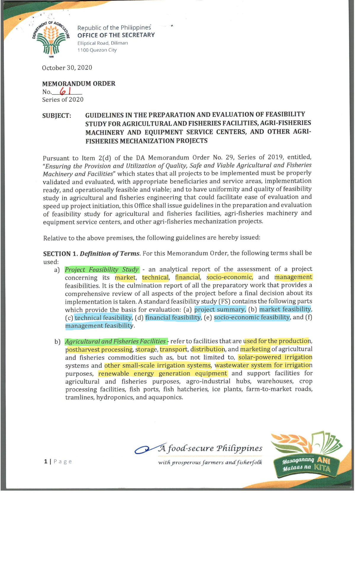 Mo61 s2020-feasibility study - OF Republic of the Philippines OFFICE OF ...