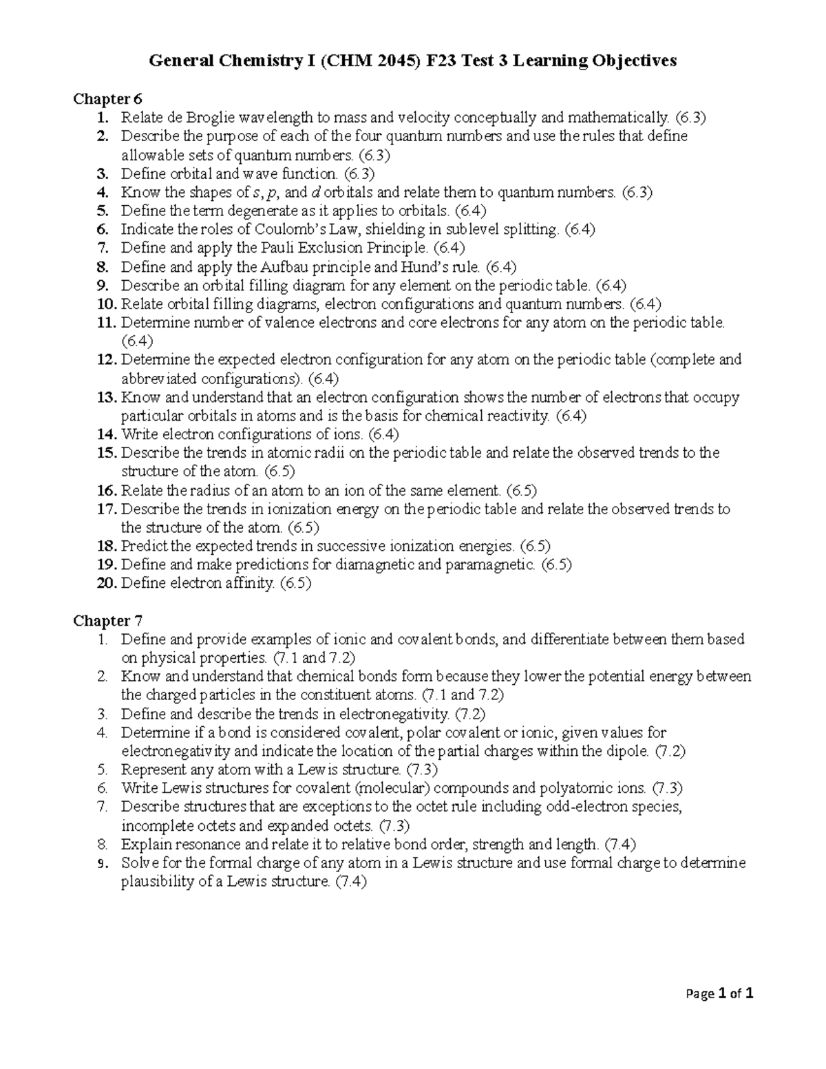 CHM 2045 F23 Learning Objectives Test 3 - General Chemistry I (CHM 2045 ...