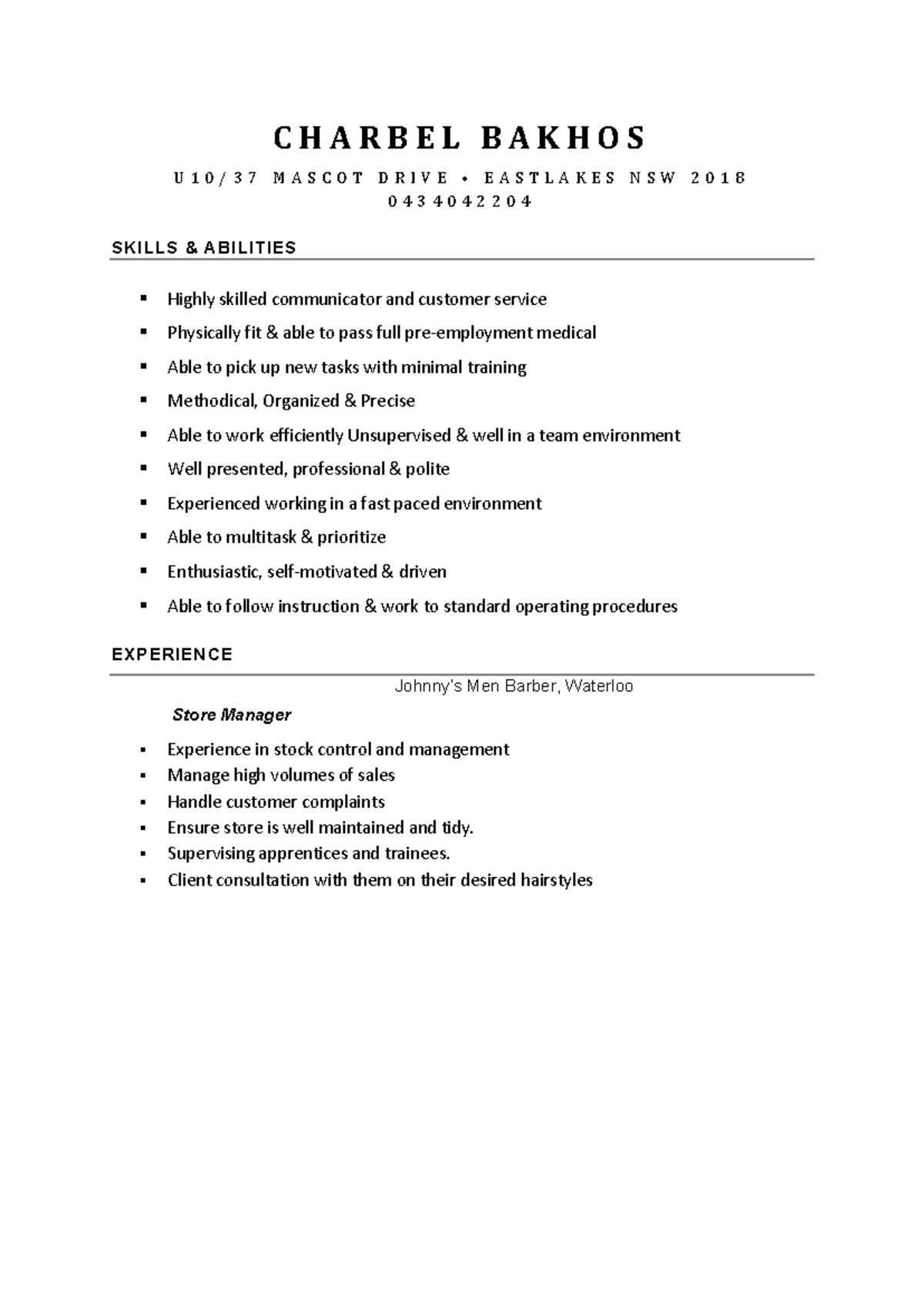 Charbel Bakhos CV - lIGMA - C H A R B E L B A K H O S U 1 0 / 3 7 M A S C O T D R I V E • E A S ...