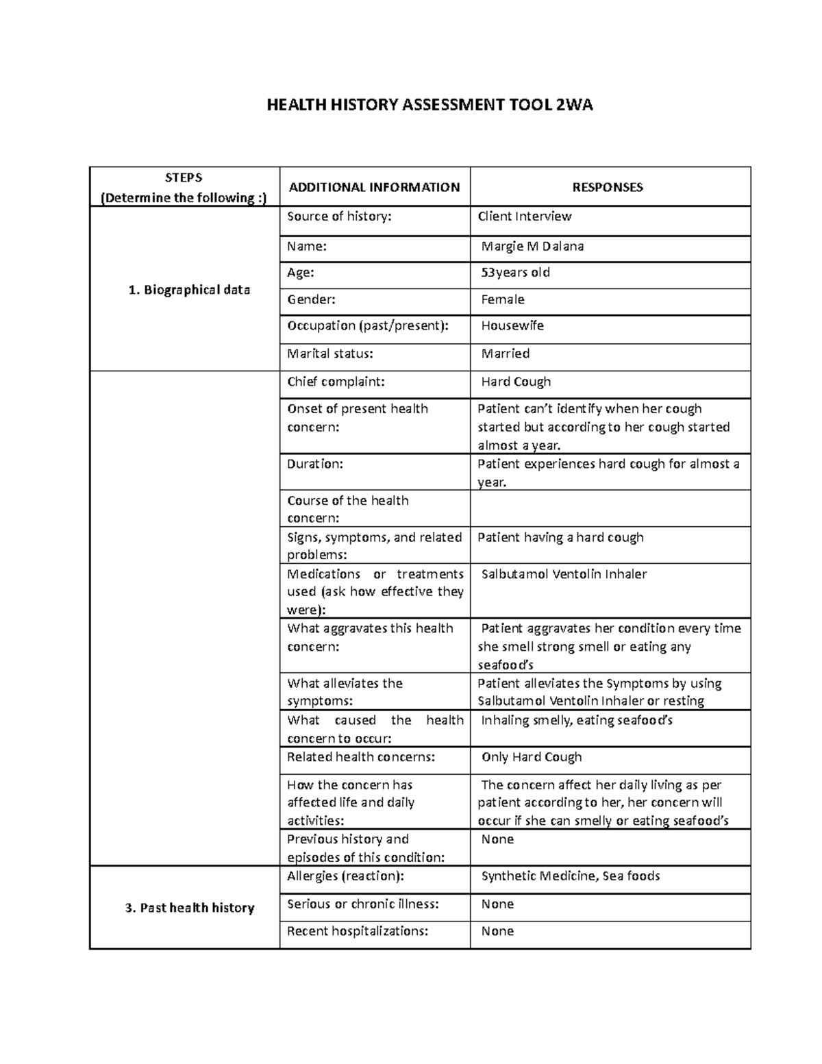 Health Assesment- Tool - HEALTH HISTORY ASSESSMENT TOOL 2WA STEPS ...