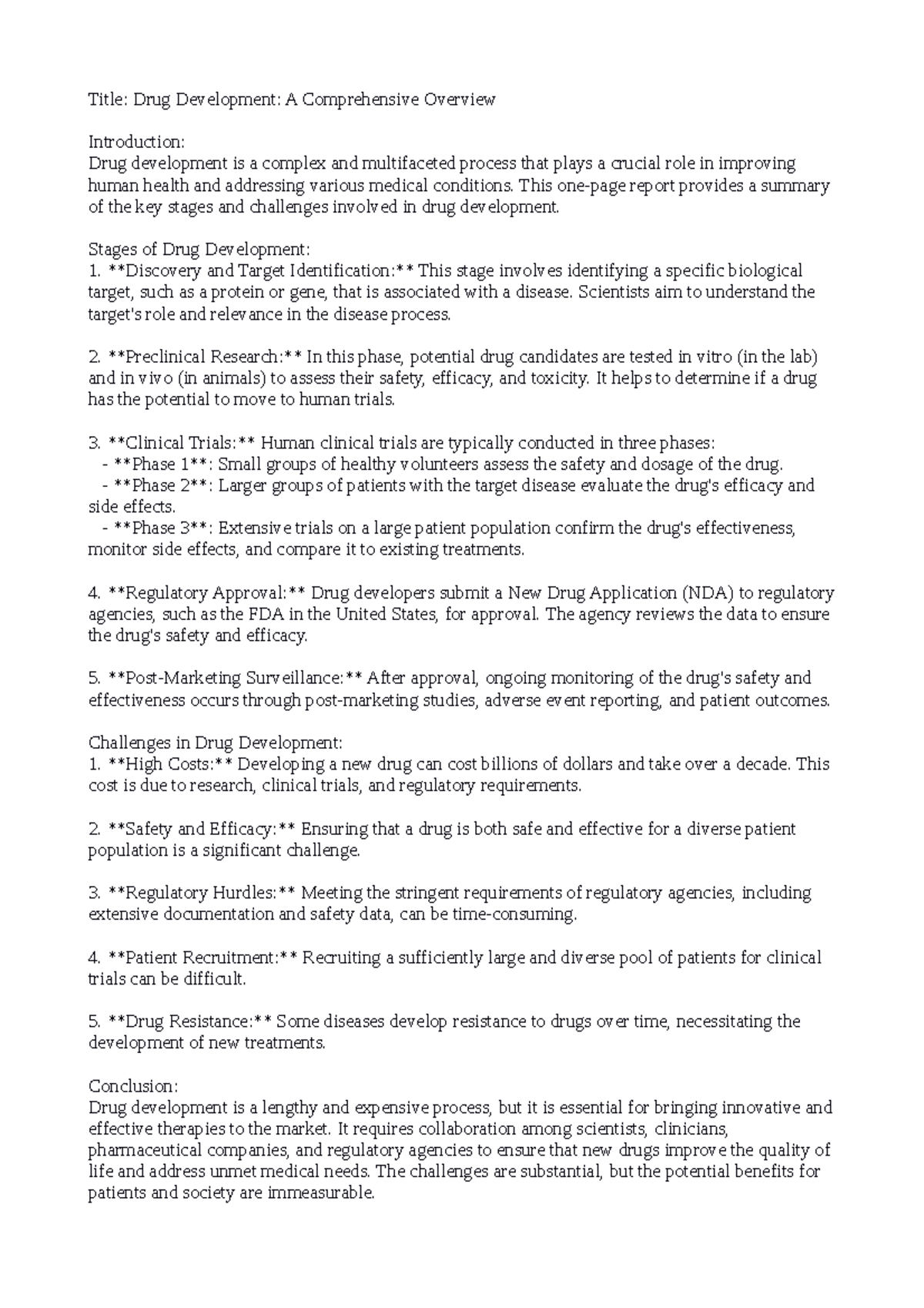 Drug development summary - Title: Drug Development: A Comprehensive ...