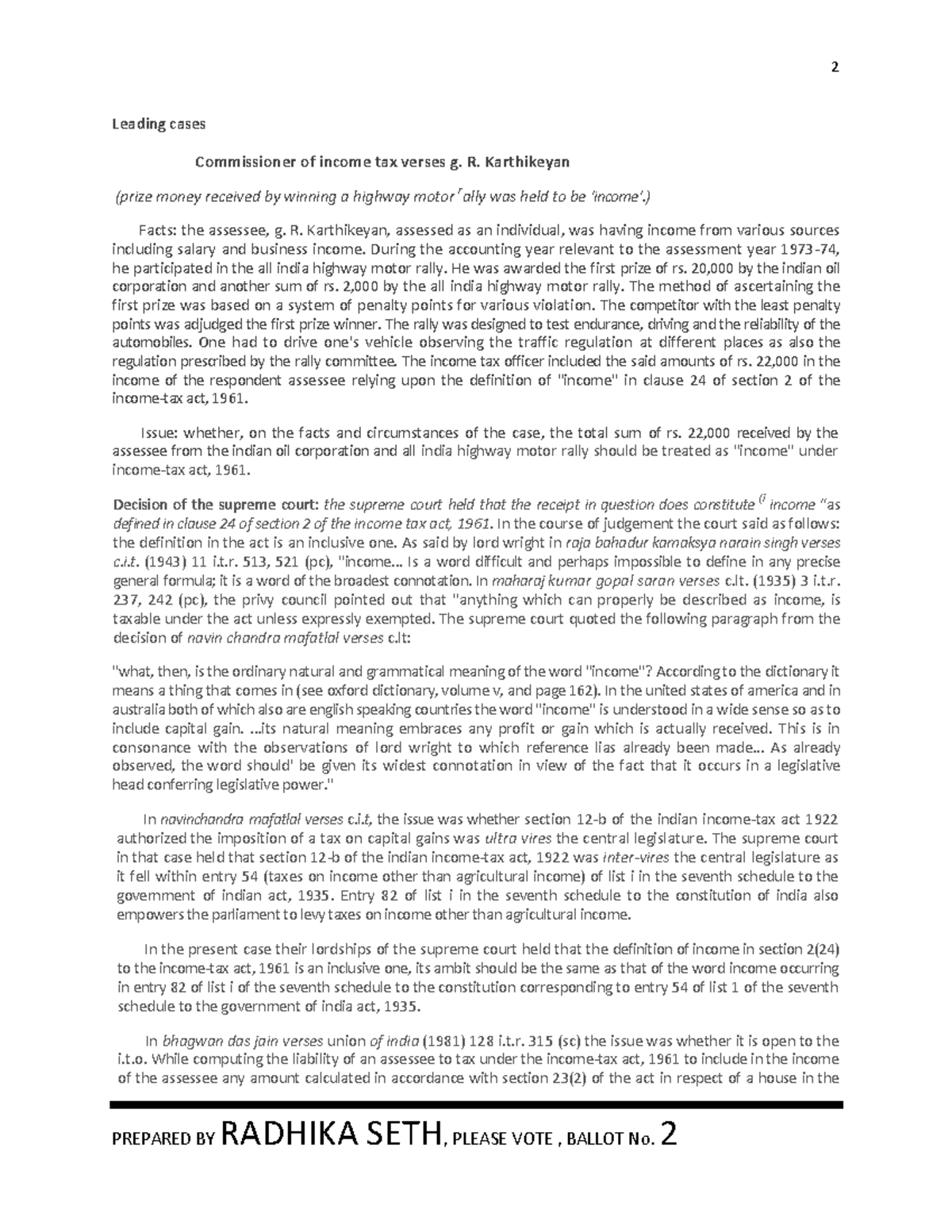 LLB-Taxation Case Law - LLB NOTES - Leading cases Commissioner of ...