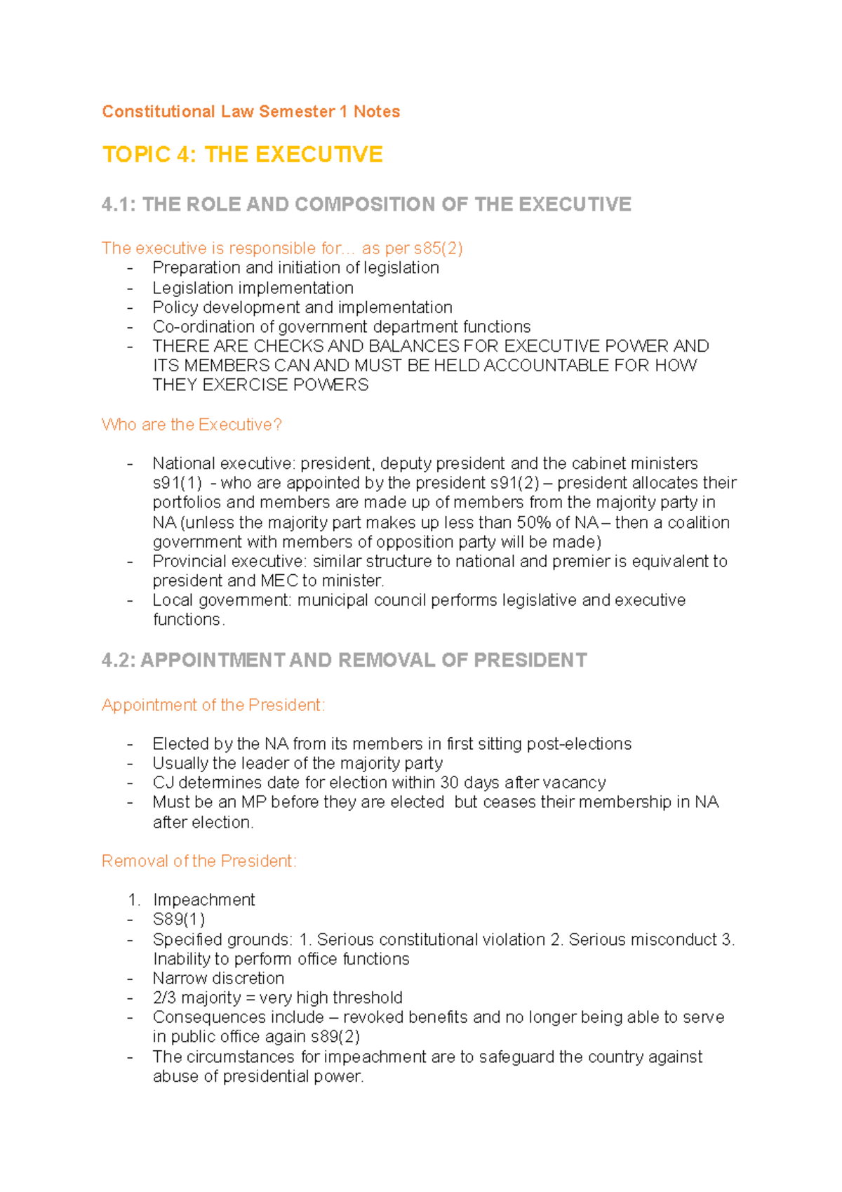 Topic 4 executive notes - Constitutional Law Semester 1 Notes TOPIC 4 ...